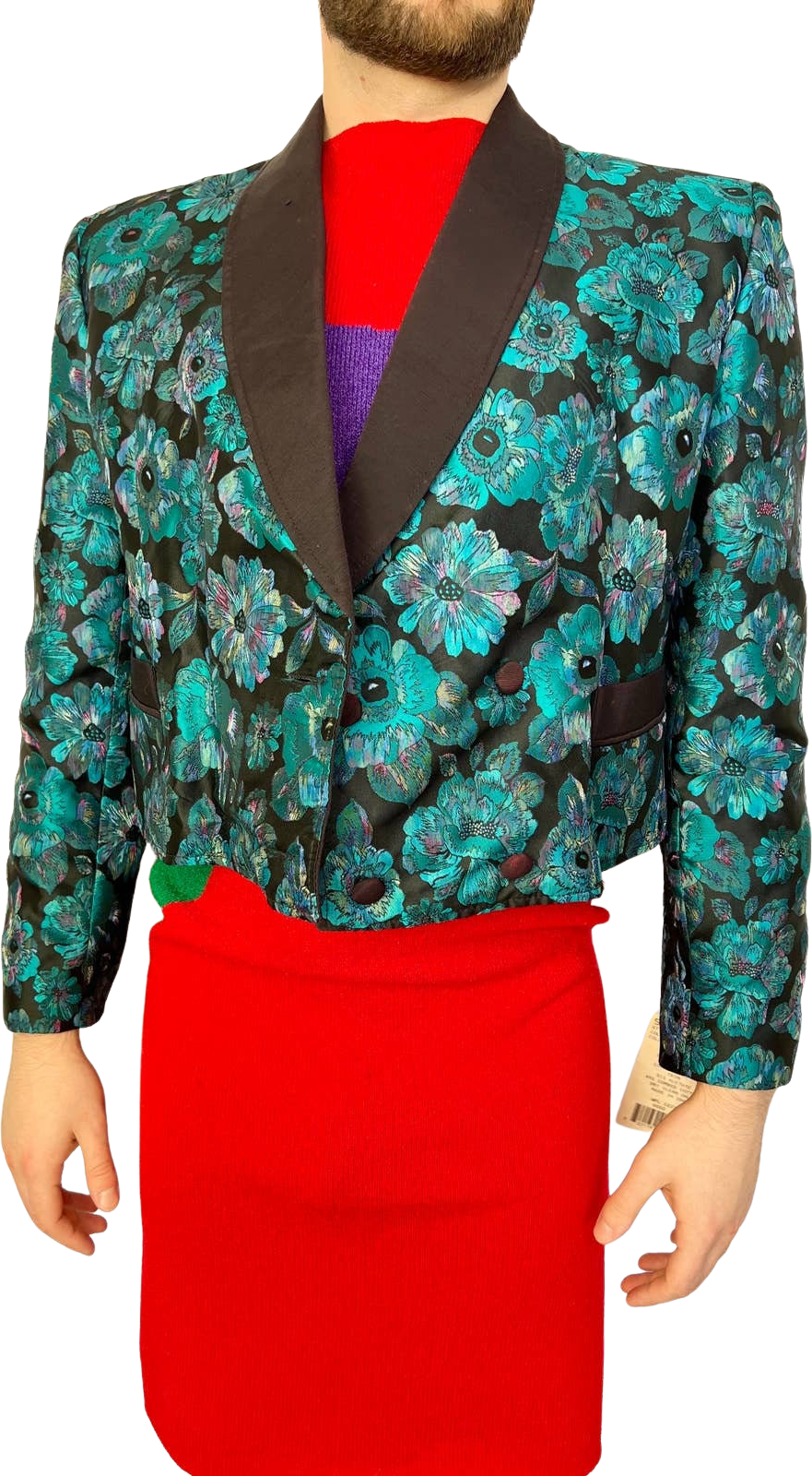 Vintage 80s Turquoise Floral Brocade Cropped Tuxedo Style Jacket | Shop ...