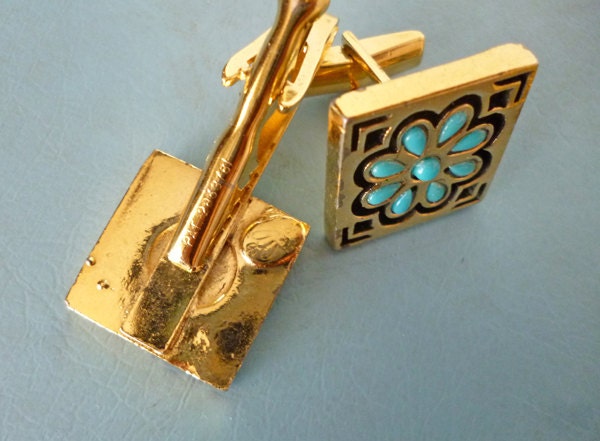 Vintage 70s Signed Western Themed Cufflinks Set Gold Tone French Cuffs ...