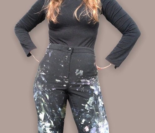 Vintage High Waist Paint Pants Black Polyester Straight Wide Leg Womens ...