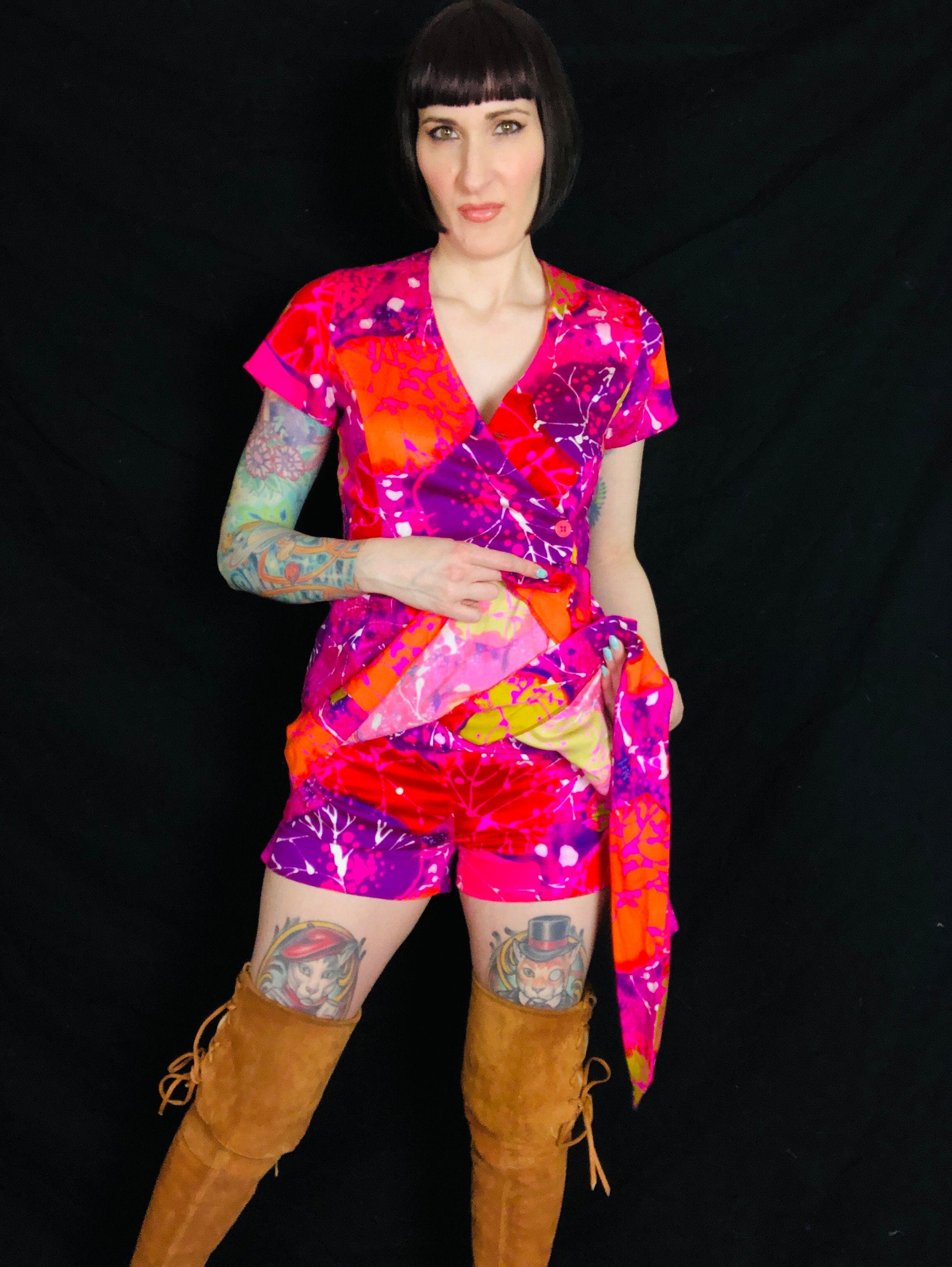 Vintage 60s Wild Psychedelic Hawaiian Print Mini Dress Playsuit W Matc ...