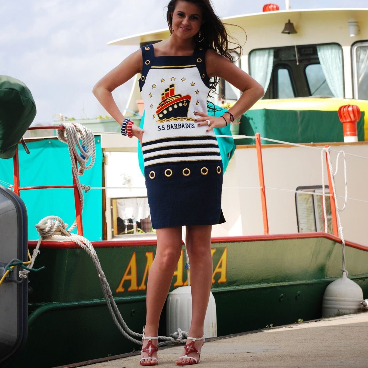 Vintage 80s Nautical Sailor Barbados Cruise Ship Dress by Sideffects ...