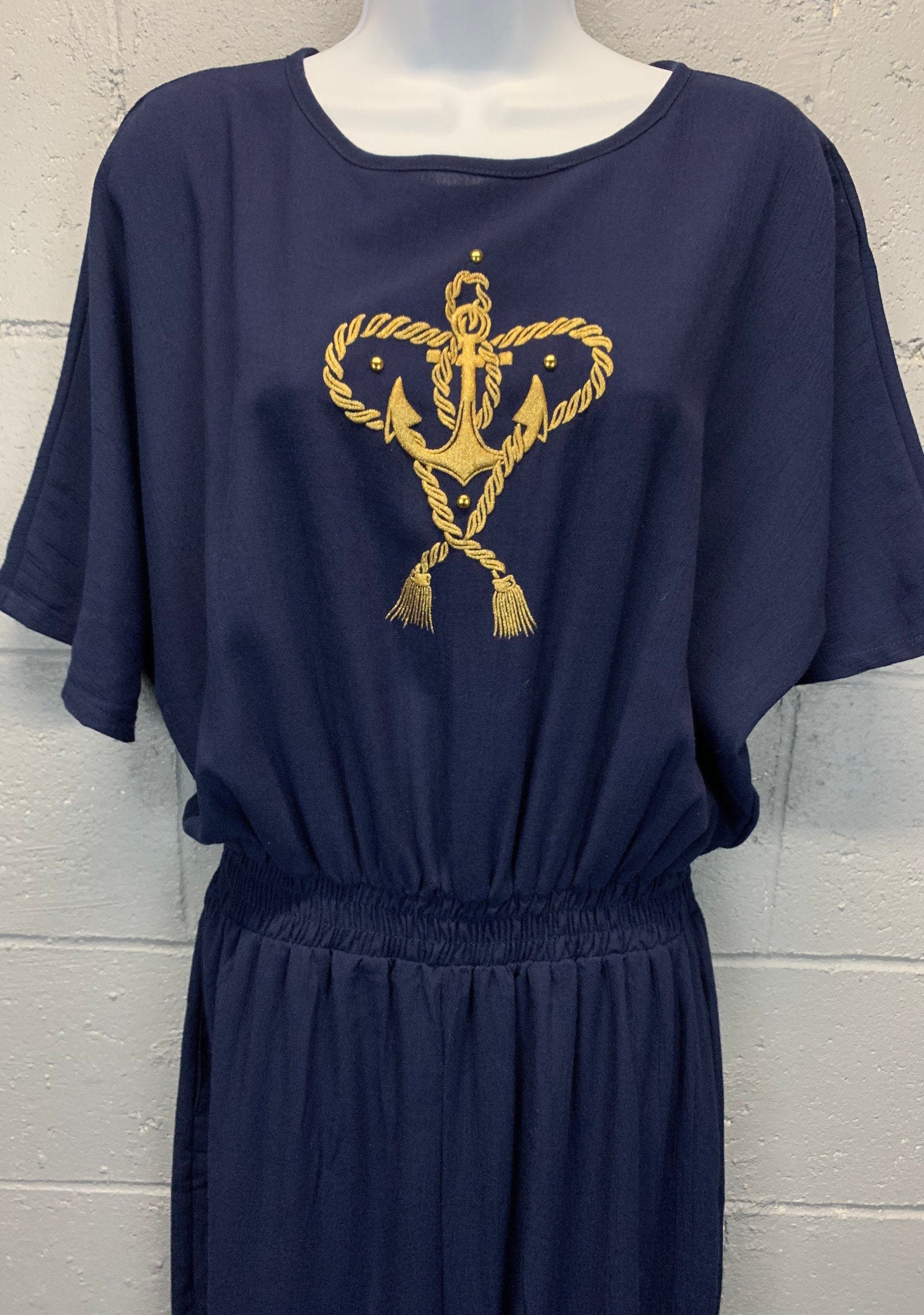 Vintage 80s Donna Toran Nautical Jumpsuit Navy Blue Tunic Top Gold Emb ...