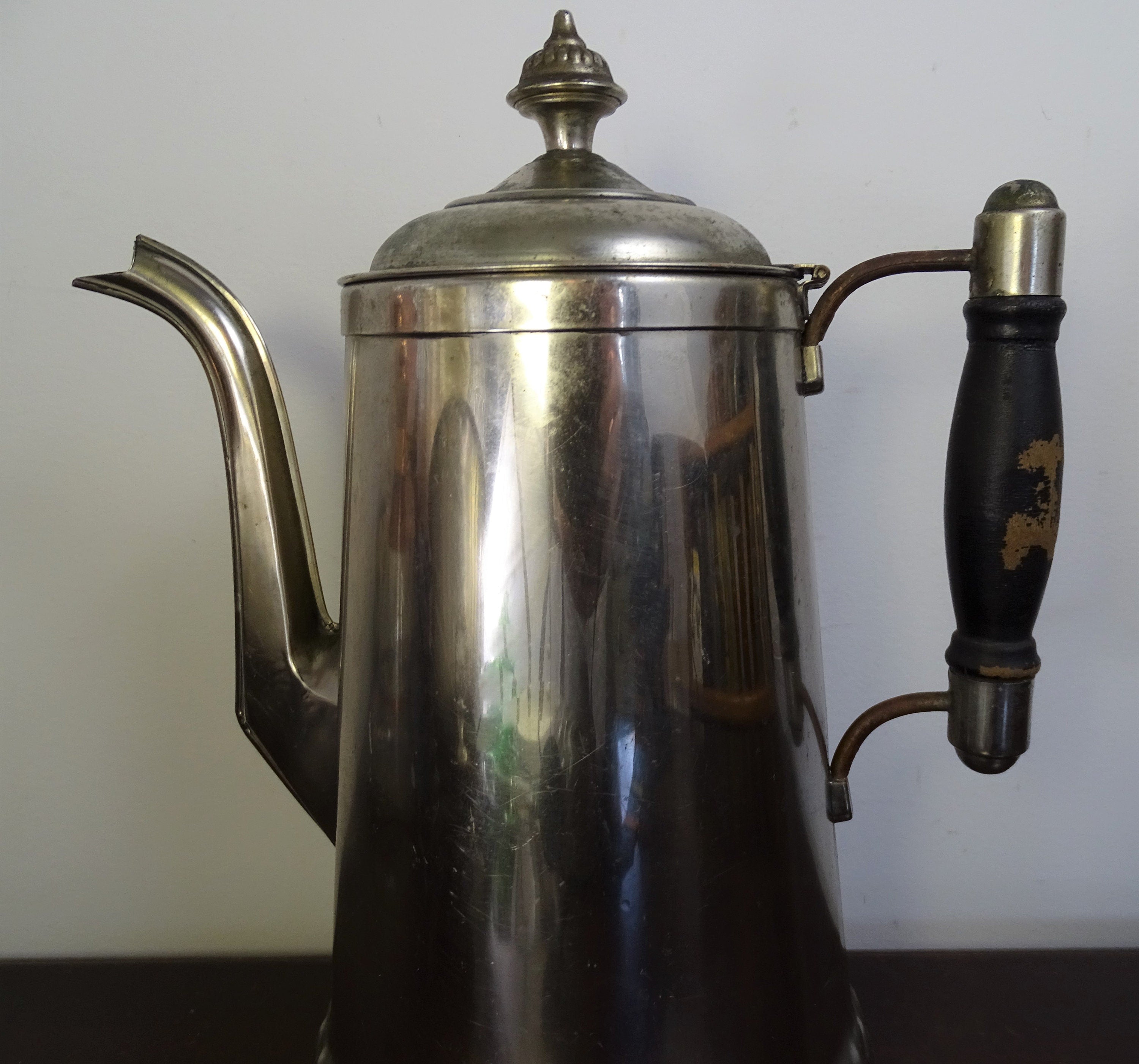 Vintage Tall Tin Silver Metal Tea Pot Large Teapot with Wood Handle ...
