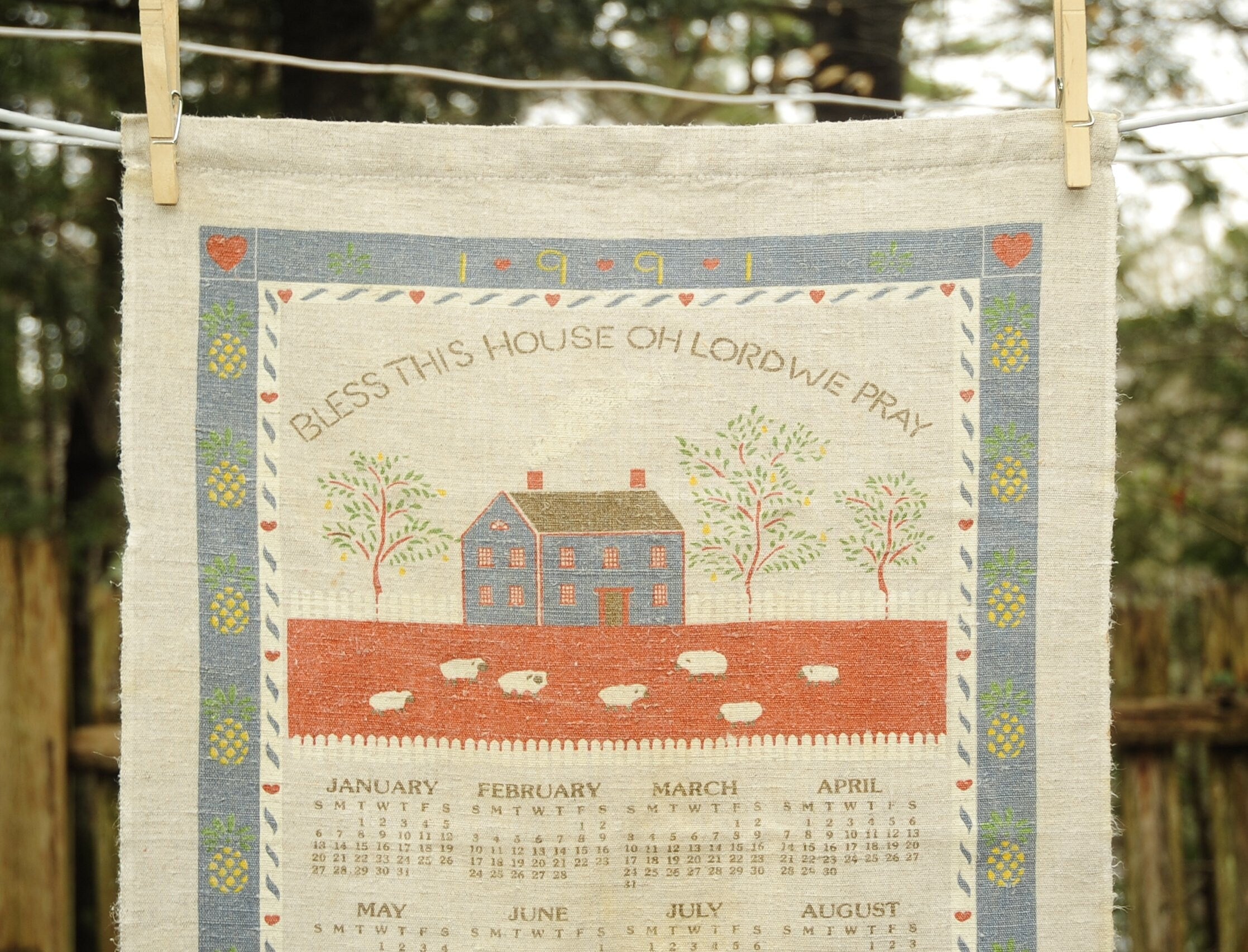 Vintage Vtg 1991 Bless This House Calendar Towel Taupe Linen Birthday ...