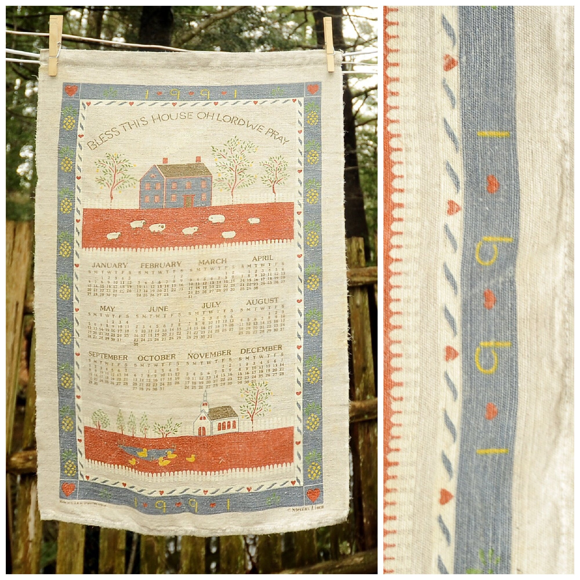 Vintage Vtg 1991 Bless This House Calendar Towel Taupe Linen Birthday ...