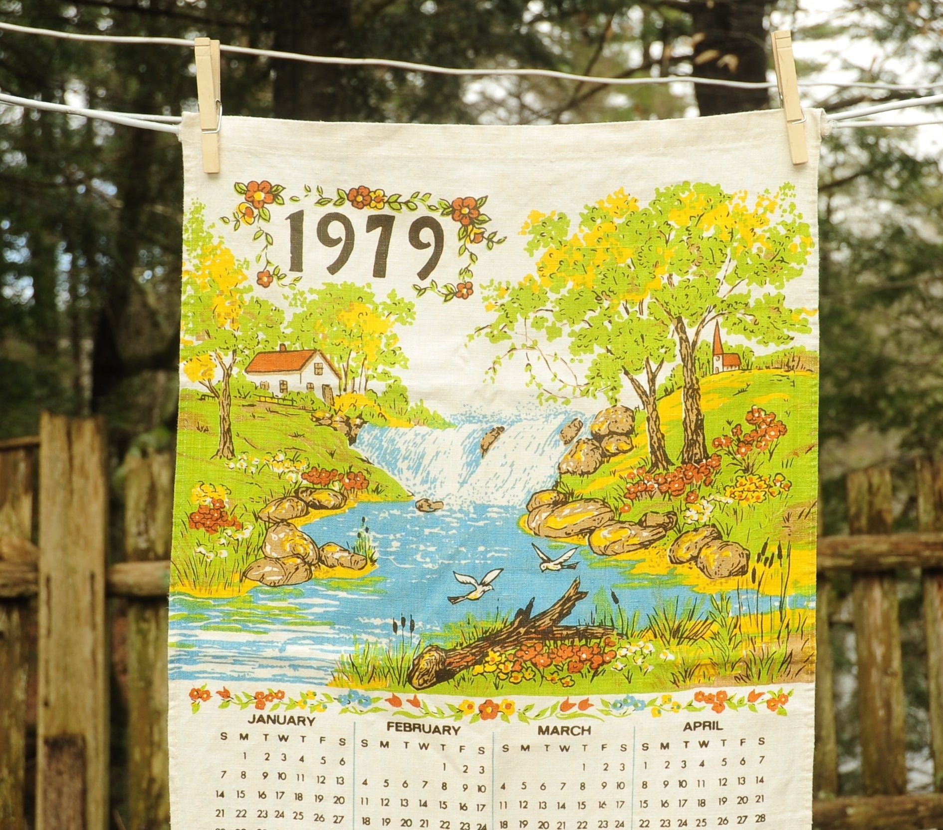 Vintage 1979 Waterfall with Cottage and Church Calendar Towel Birthday ...