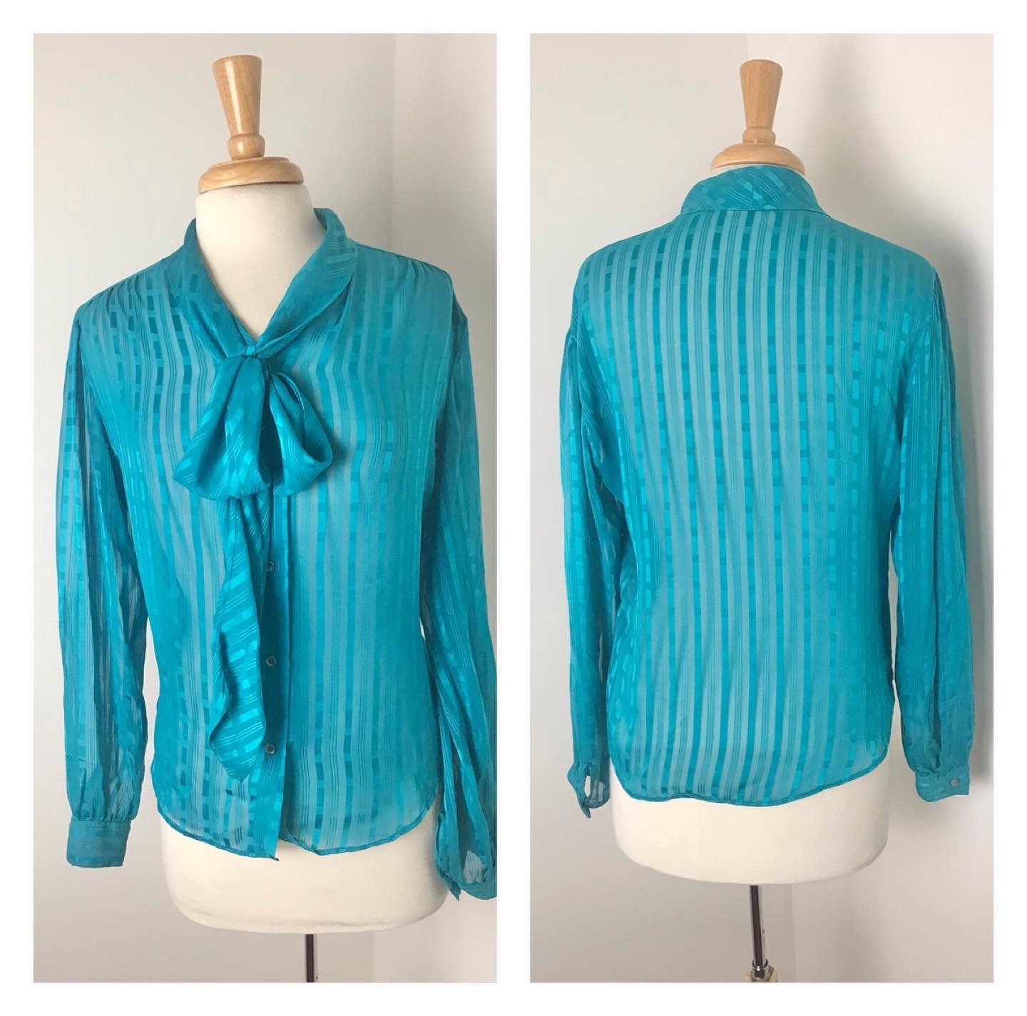 Vintage 80s Stuart Lang Sheer Teal Pussy Bow Blouse by Stuart Lang ...