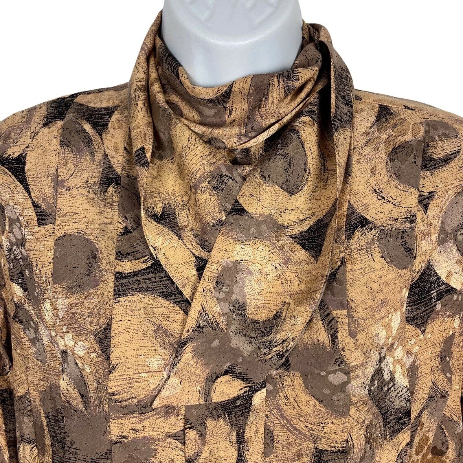 Vintage Pura Seta Silk Secretary Blouse 6 Bronze Swirls Satin Bow High ...