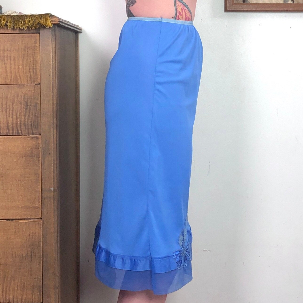 Vintage Cobalt Blue Slip 60s Nylon Half Slip with Floral Appliqués Han ...