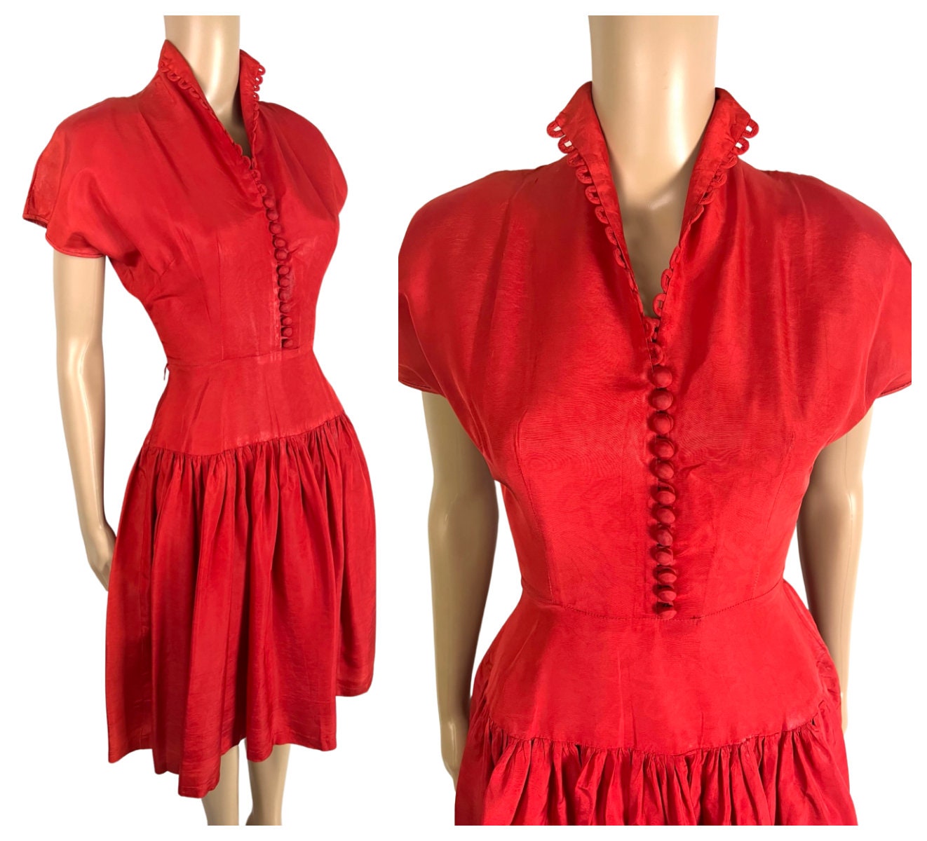 Vintage 40s Lipstick Red Taffeta Fit and Flare Dress with Looped Colla ...