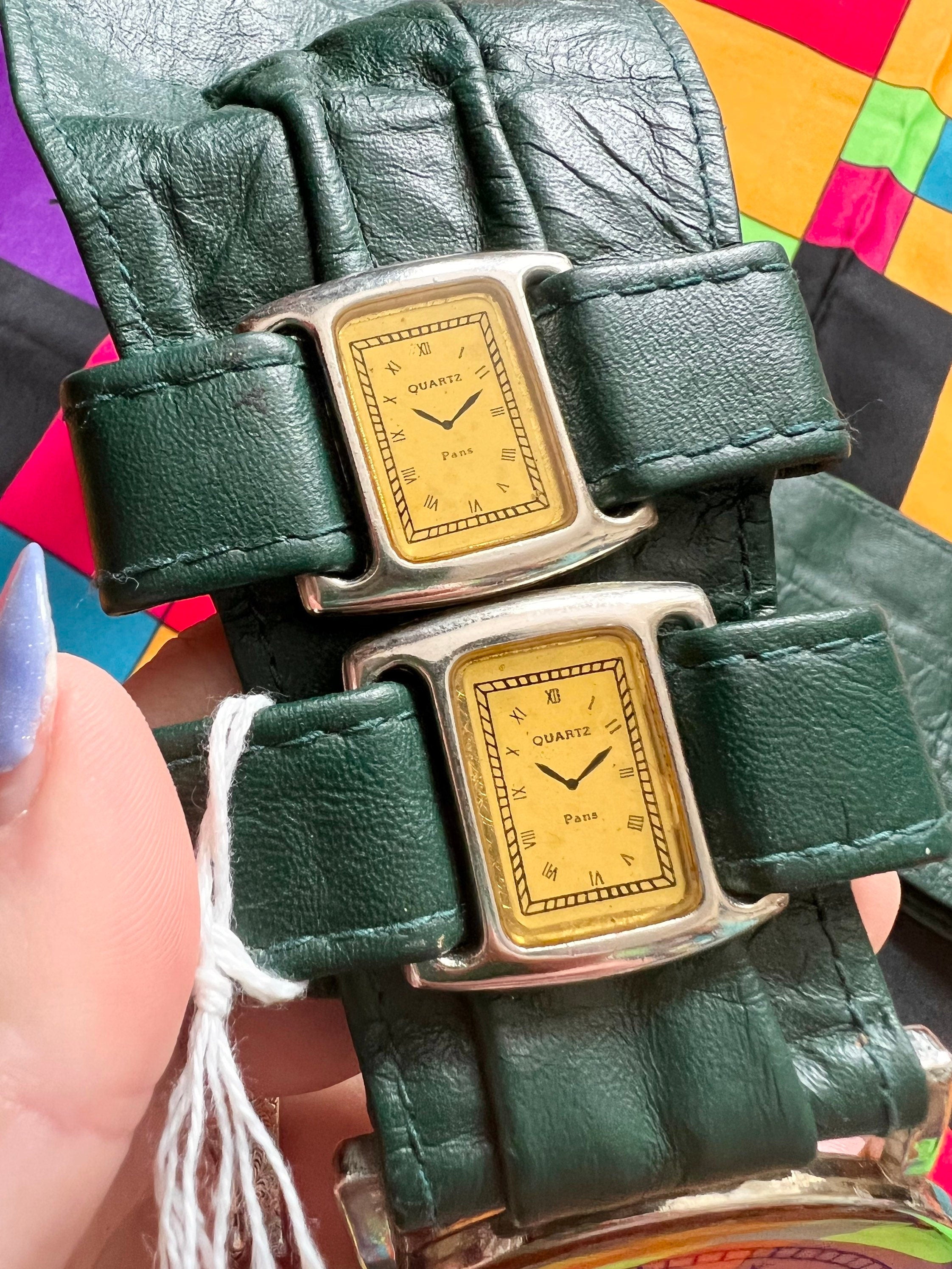 Vintage 70s Dark Green Leather Clock Watch Wide Belt | Shop THRILLING