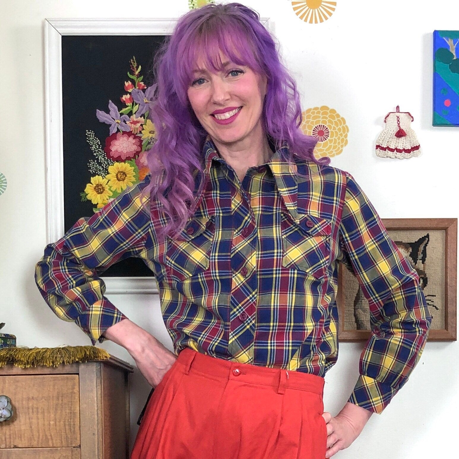 Vintage Plaid Shacket 70s Blue Yellow and Red Plaid Top with Dagger Co ...