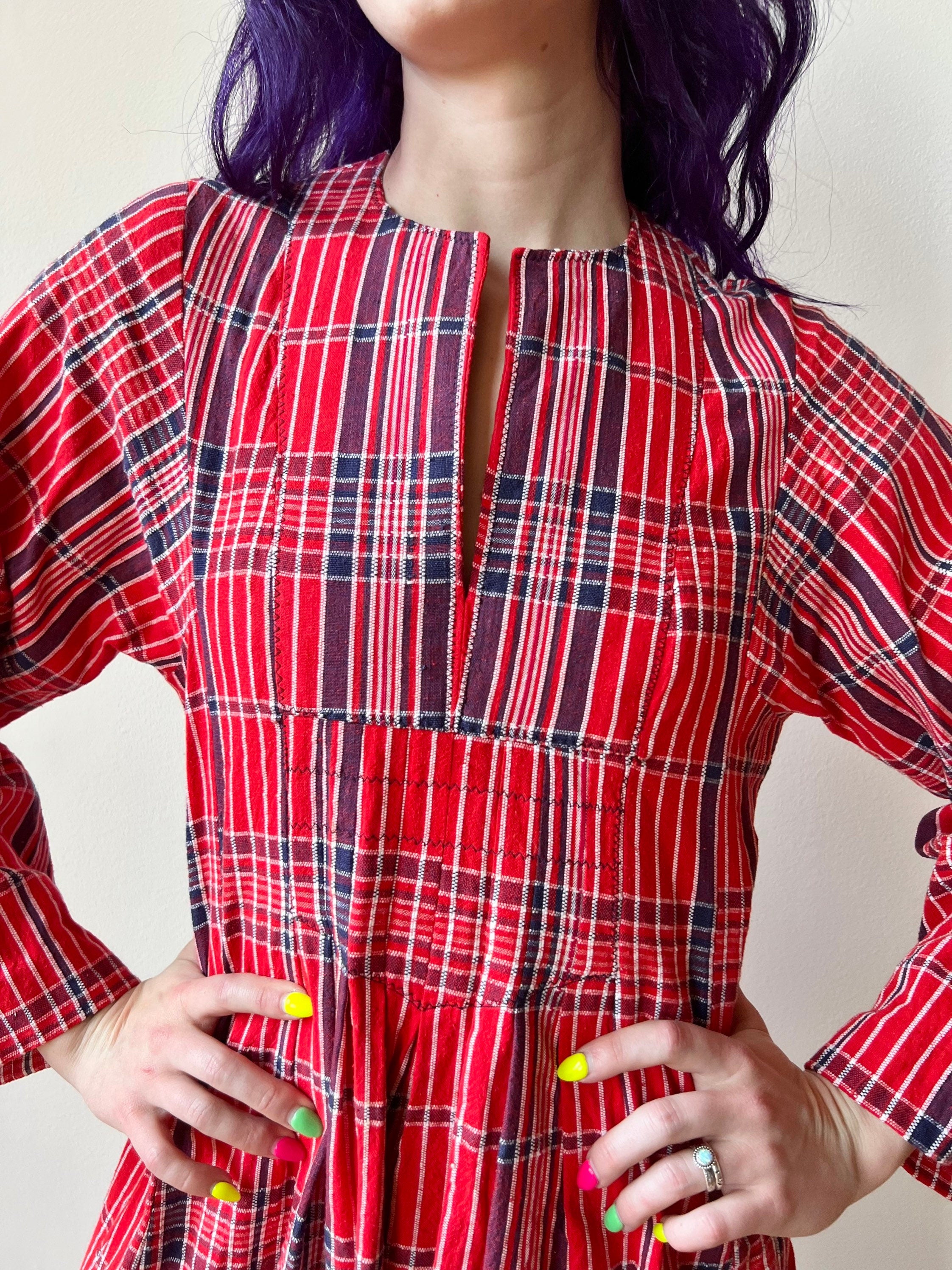 Vintage 70s Red Cotton Striped Bell Sleeve Plaid Dress | Shop THRILLING
