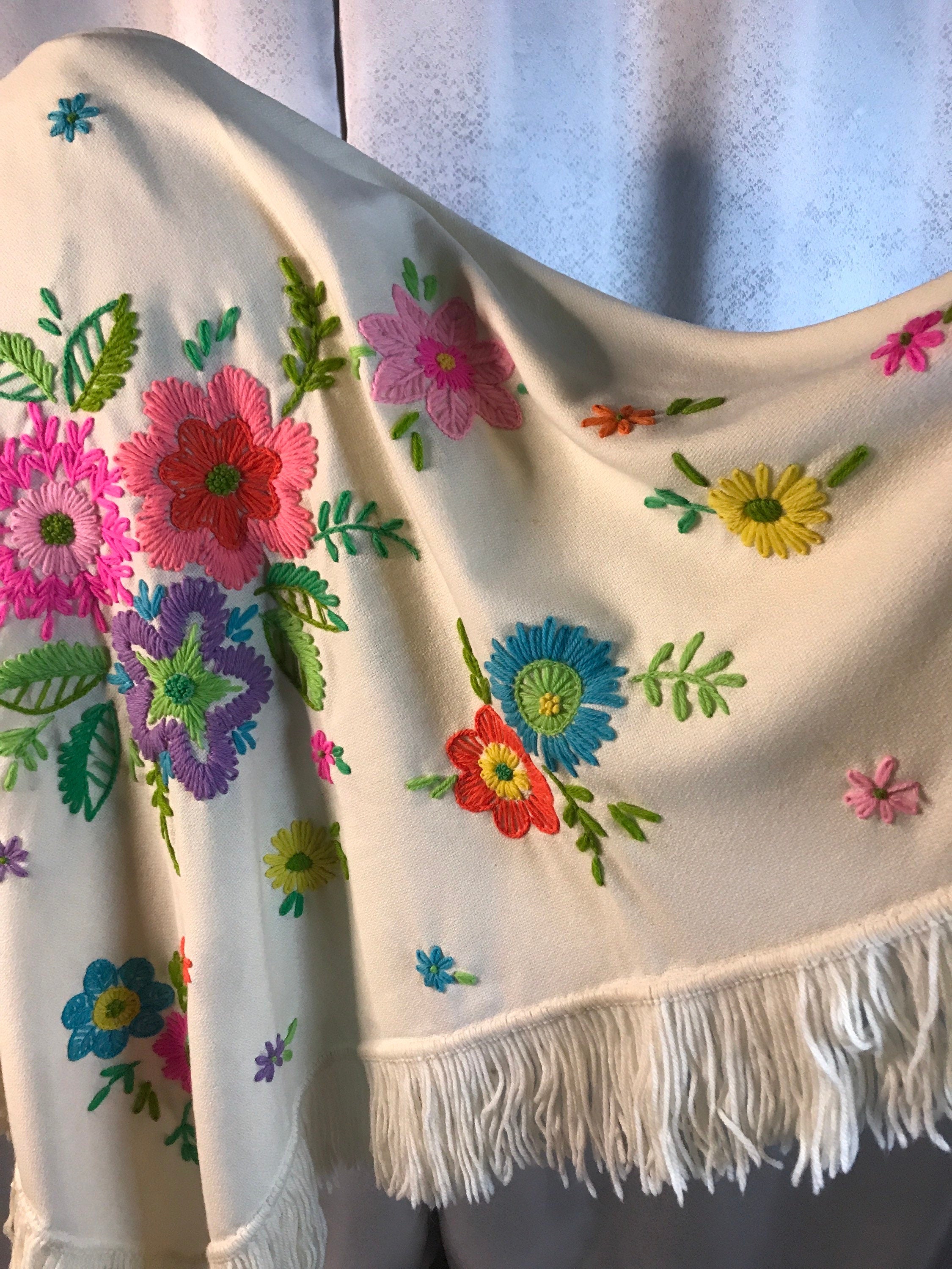70s Vintage Hand Embroidered Large Cream Wool Shawl By Handmade | Shop ...