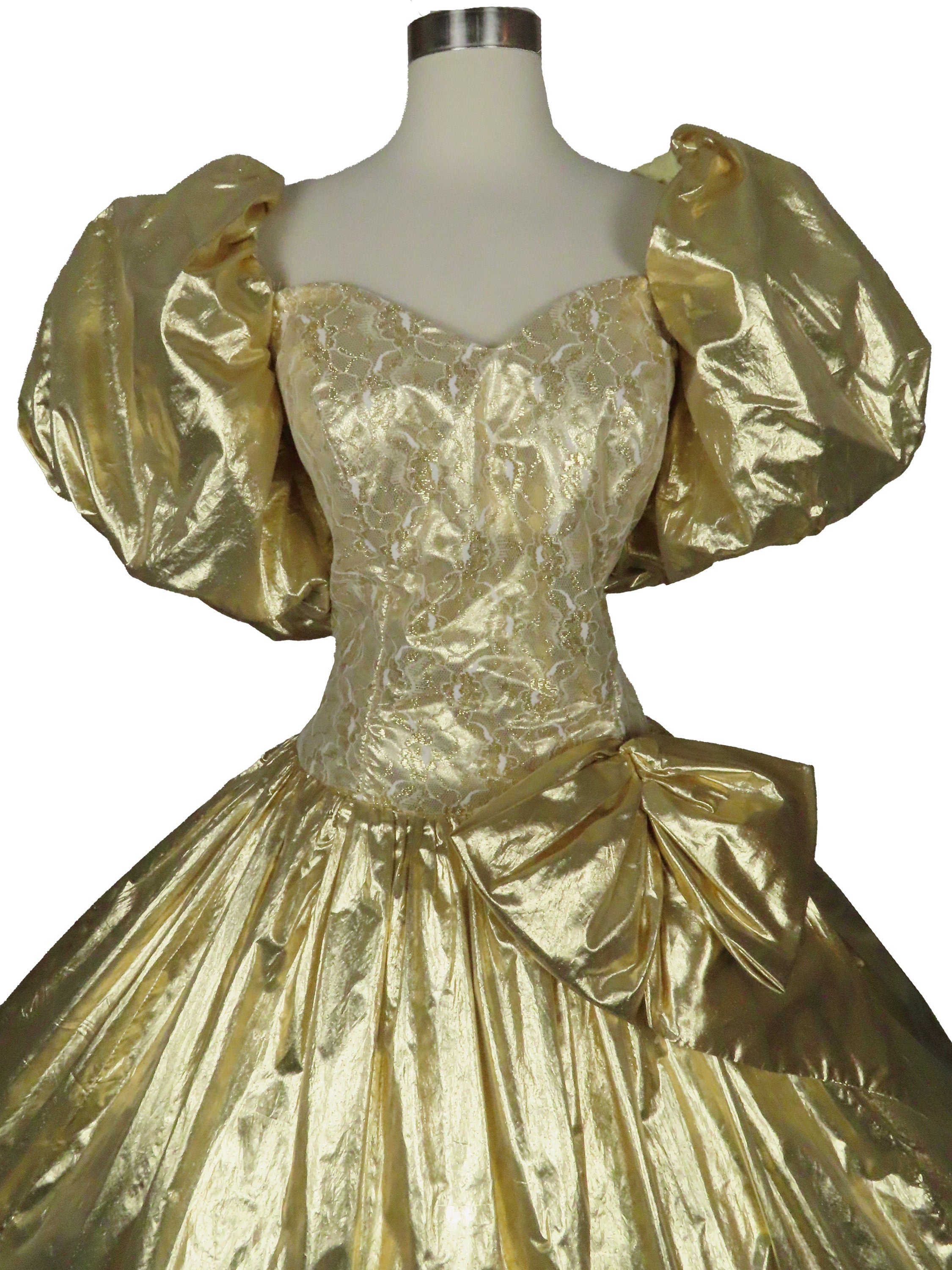 Vintage 80s Gold Metallic Balloon Puff Sleeve Full Skirt Prom Dress Go ...