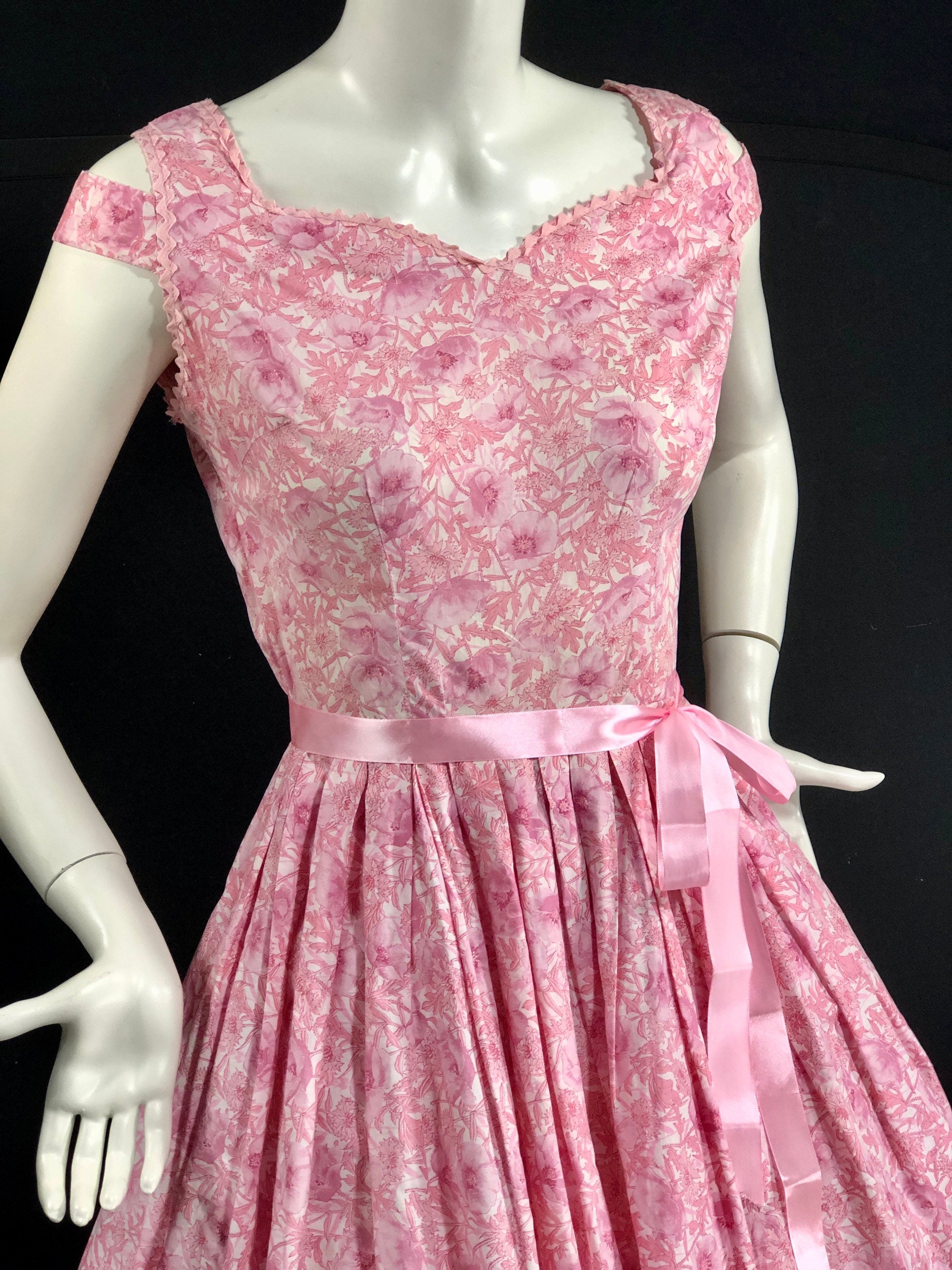 50s Dress 50s Vintage Pink Floral Pima Cotton Full Skirt Summer Dress ...