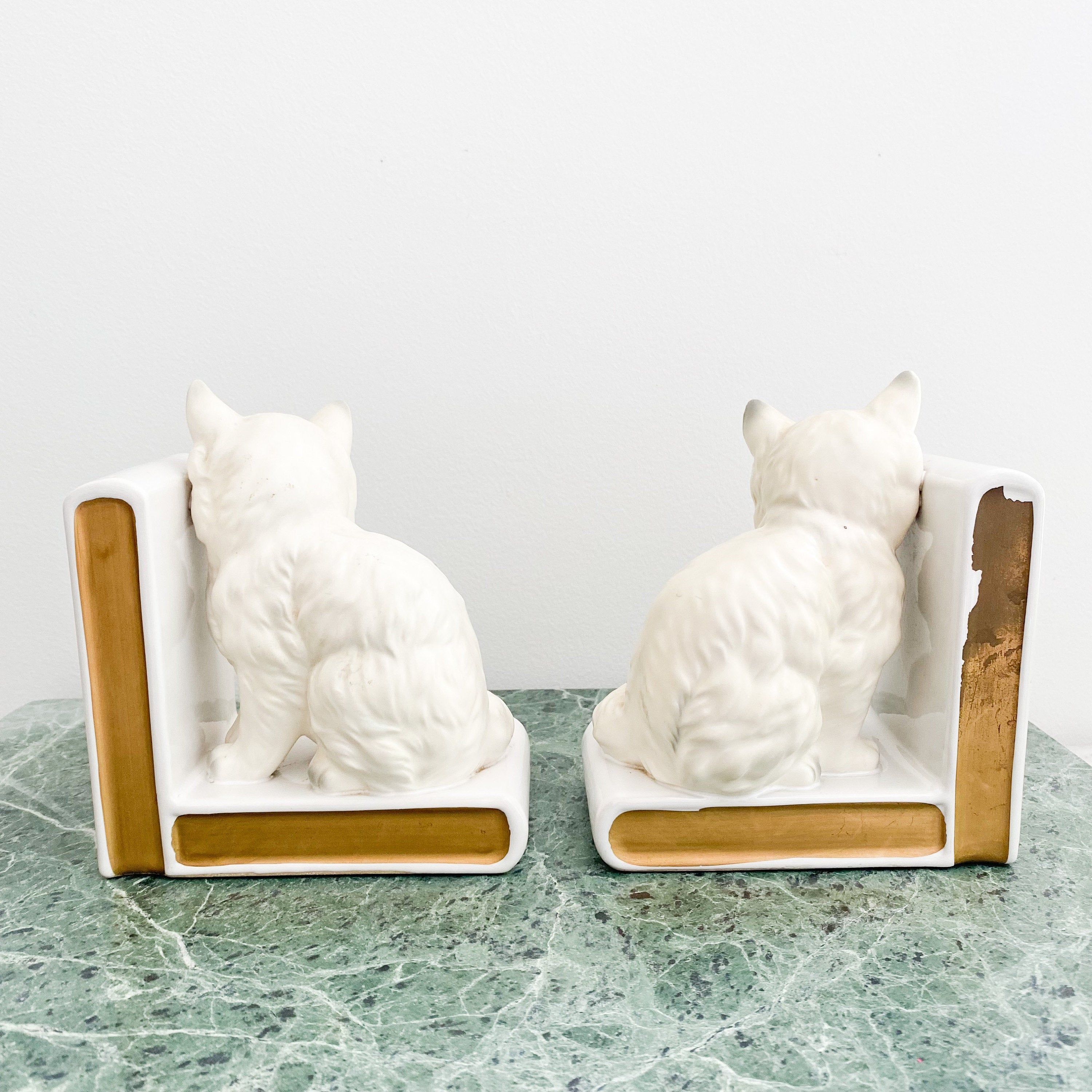 Lefton Persian Cat Bookends Gold and White Vintage | Shop THRILLING