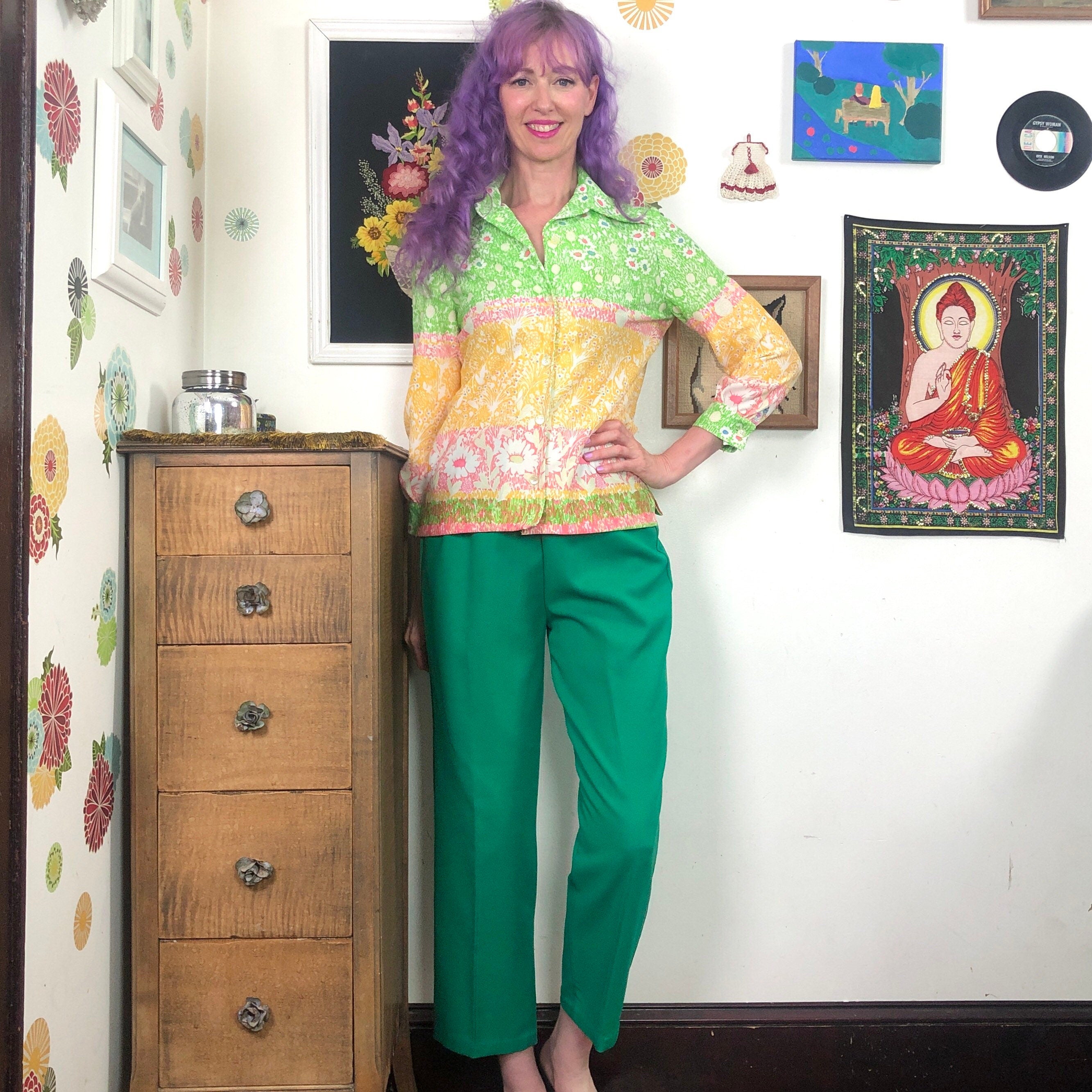 Vintage Emerald Green Double Knit Polyester Pants with Elastic Waist S ...