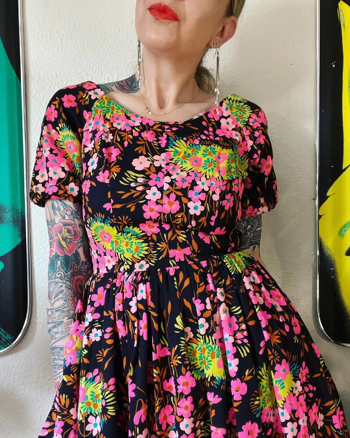 Vintage 60s Psychedelic Neon Floral Dress with Raglan Puff Sleeves ...