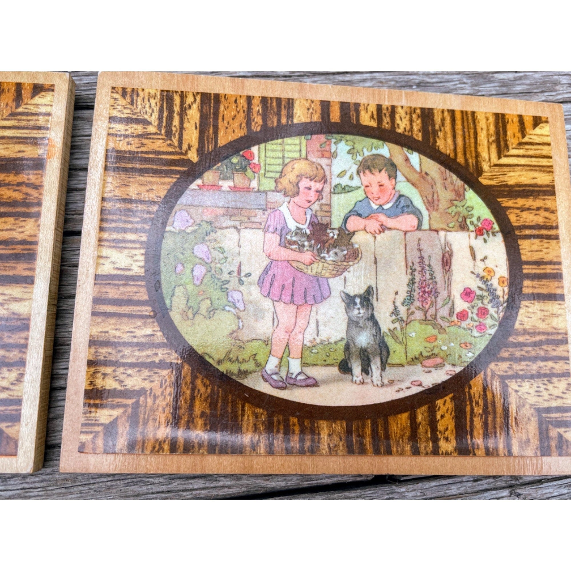 Vintage Wood Plaques Children with Puppy and Kittens | Shop THRILLING