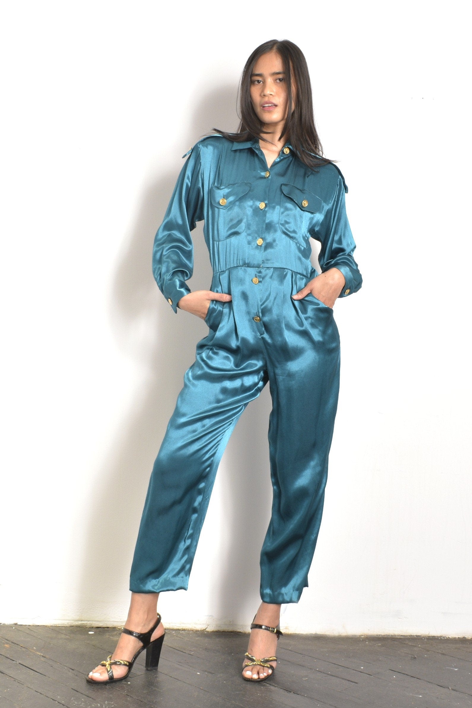 Vintage 80s Teal Blue Satin Jumpsuit by Jumps by Frances Henaghan ...
