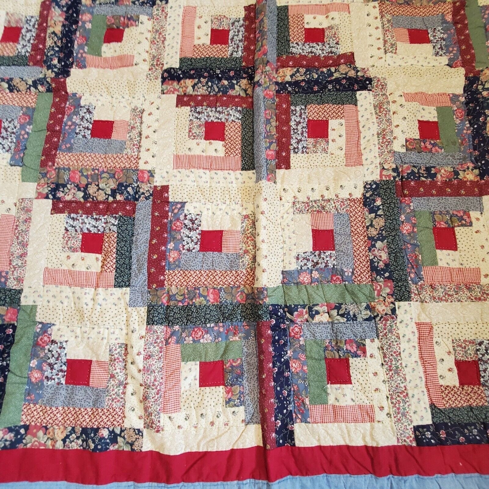 Vintage 90s Log Cabin Pattern Queen Quilt 3 Pc Floral Blue Red 2 Shams ...
