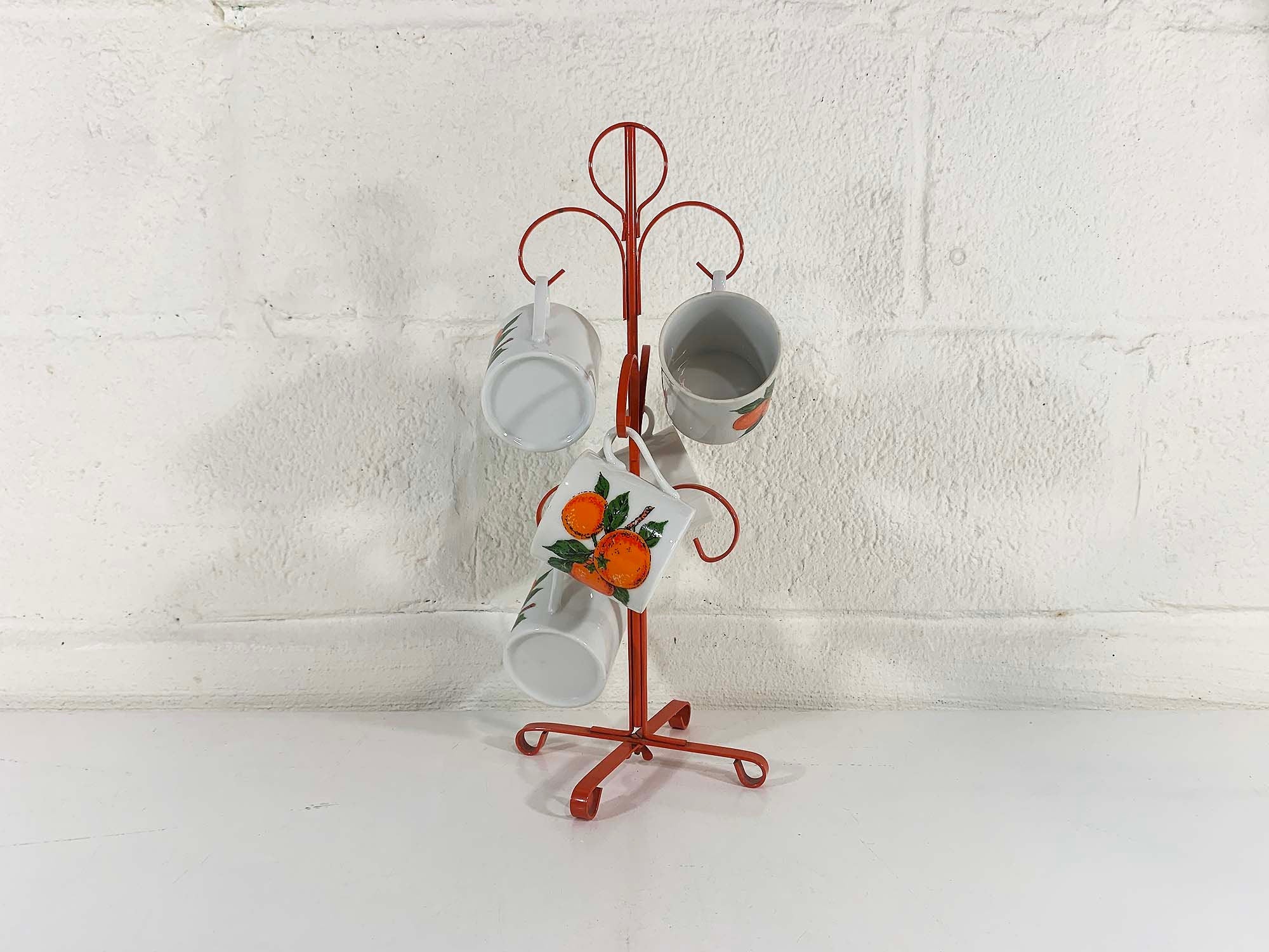 Vintage Orange Mug Tree Set Fruit Mugs Wrought Iron Mid Century Coffee ...