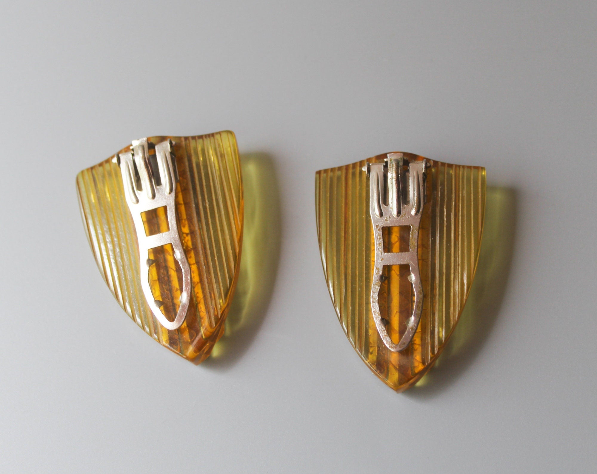 Vintage 40s Reverse Carved Apple Juice Bakelite Rhinestone Dress Clips ...