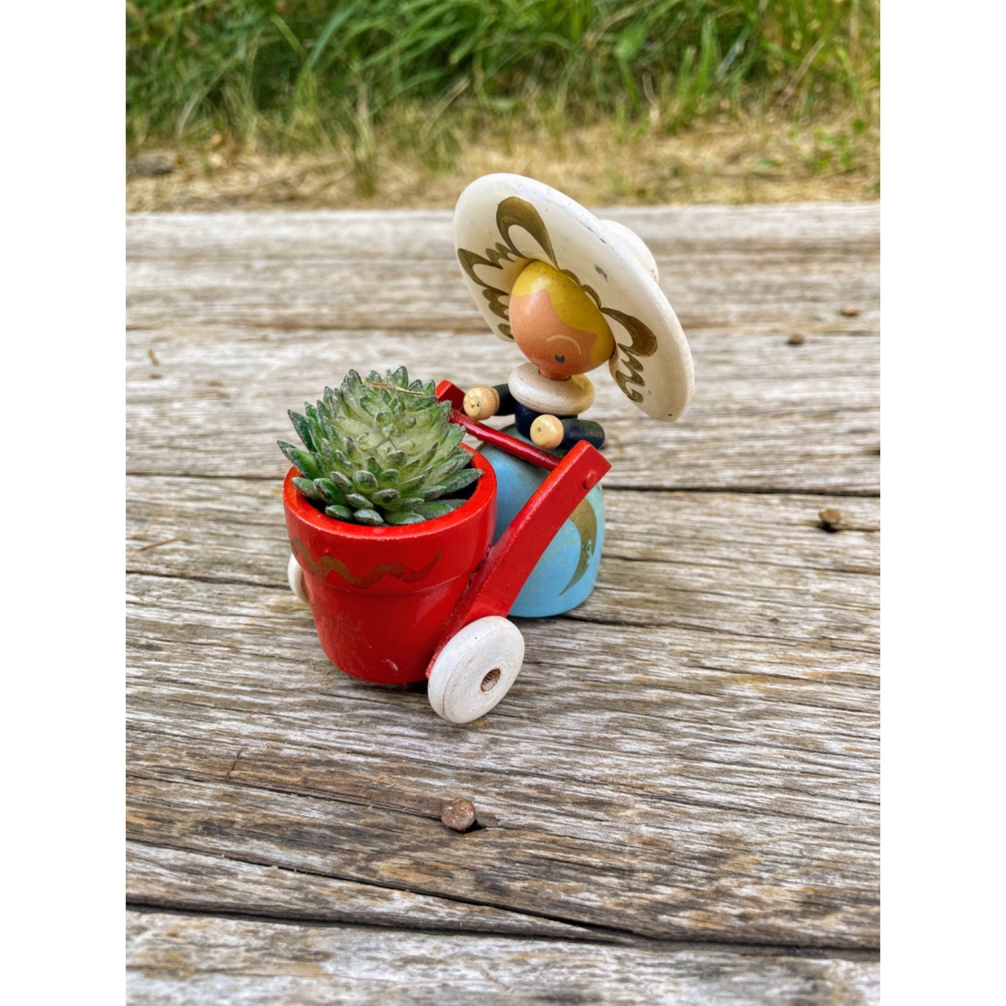 Vintage Painted Wood Folk Art Girl Doll Planter Big Hat and Wheel Barr ...