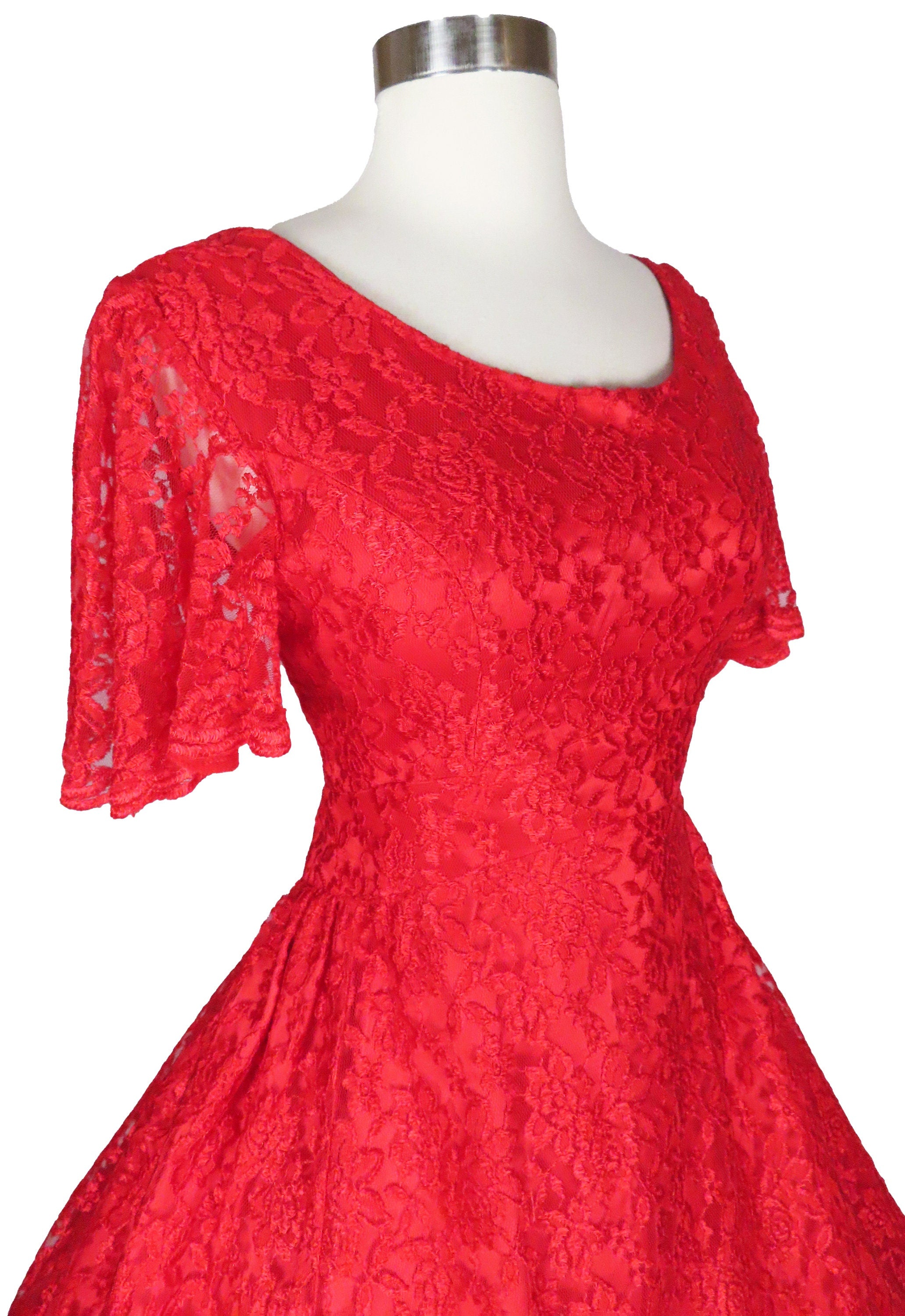 Vintage 80s Red Lace Ball Gown Prom Dress Short Sleeves Sheer Empire W ...