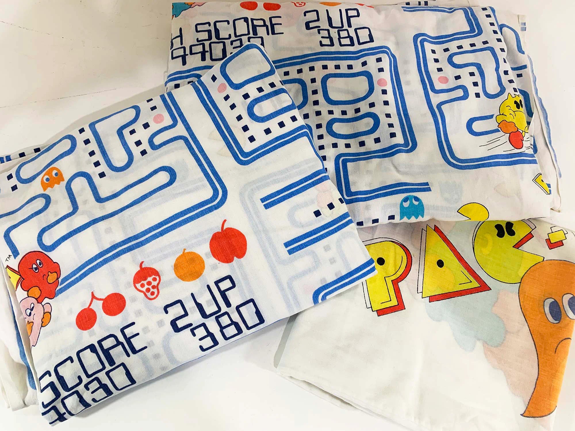 Vintage Pacman Twin Bed Flat Fitted Sheet Bedding Fabric Nursery Kid's ...