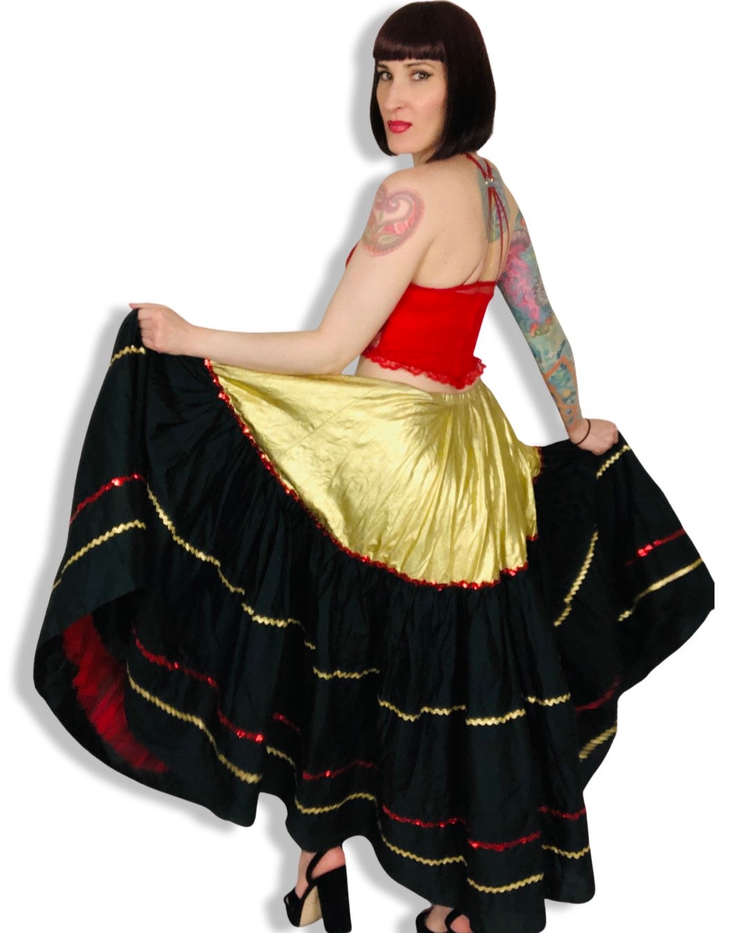 Vintage 80s Black Cotton and Gold Lamé Red Tulle Ruffled Cha Cha Dance ...