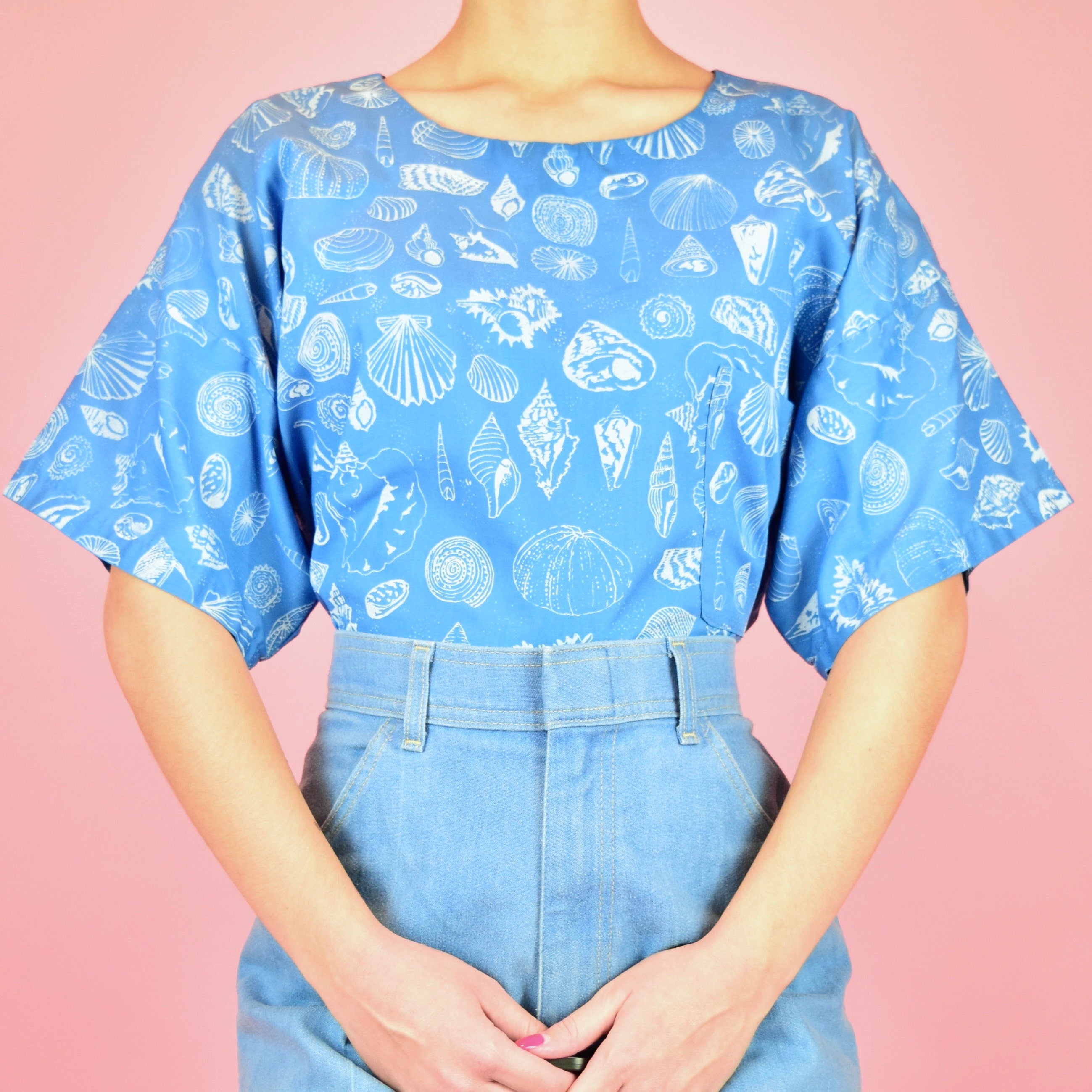 Vintage 80s Blue Seashell Print Crop Top by The Crab Hole | Shop THRILLING