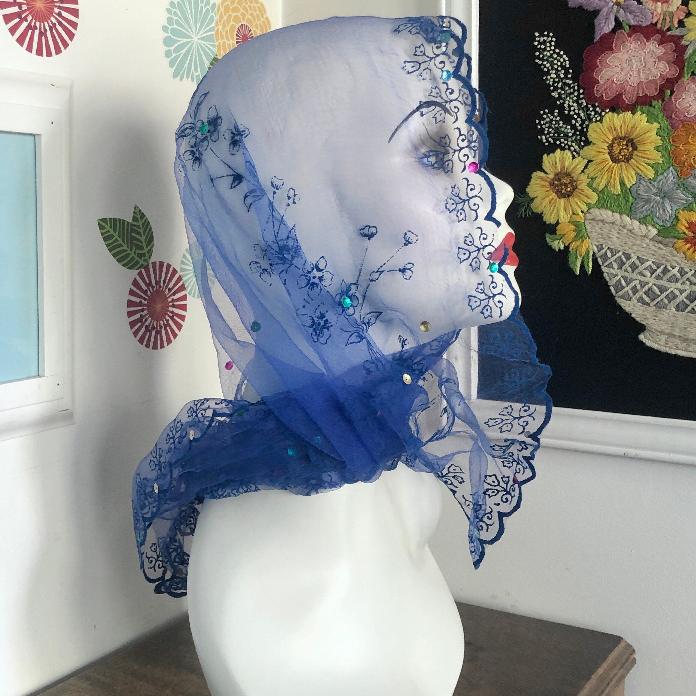 Vintage Velvet Burnout Style Scarf 60s Blue Chiffon Head Scarf W Flock ...