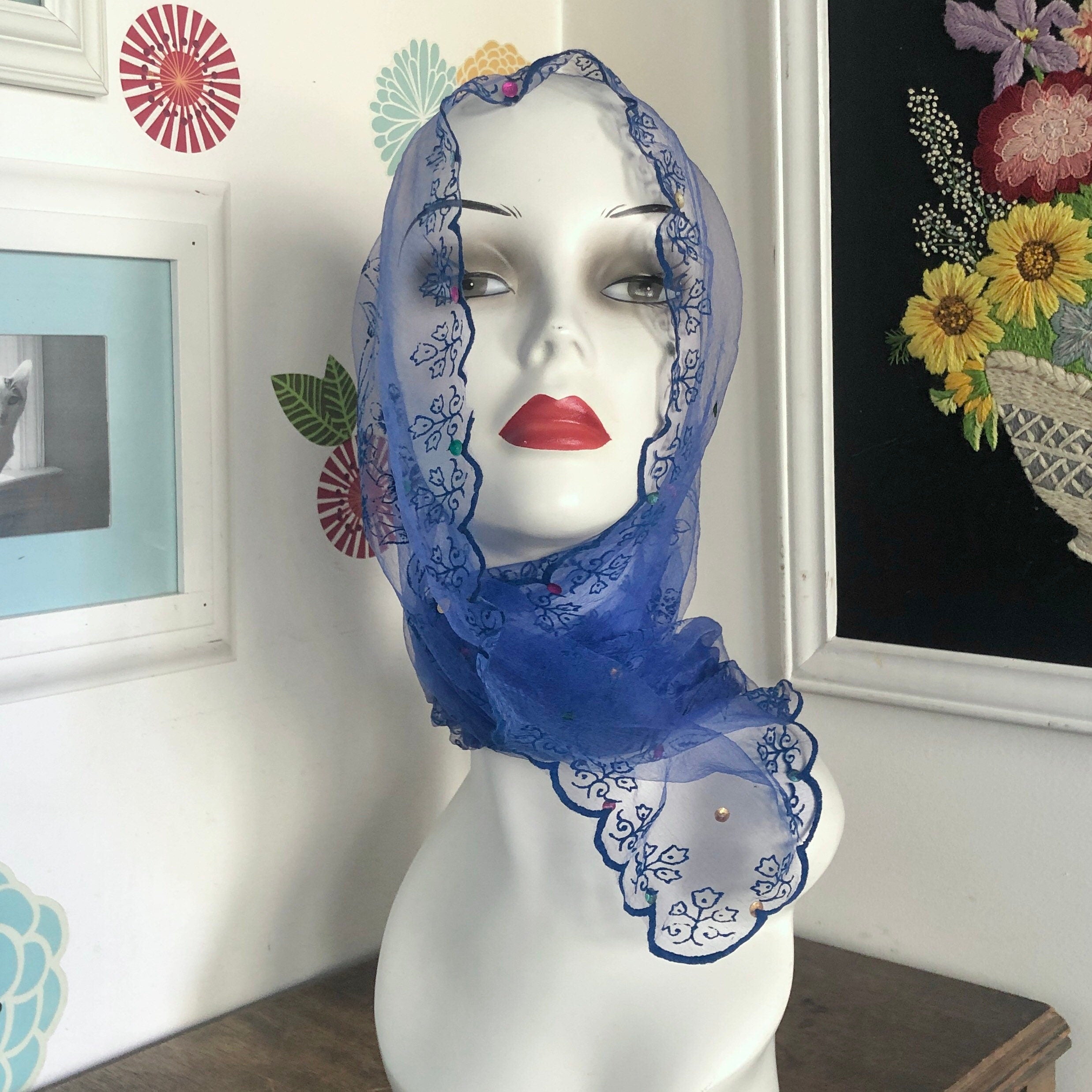 Vintage Velvet Burnout Style Scarf 60s Blue Chiffon Head Scarf W Flock ...