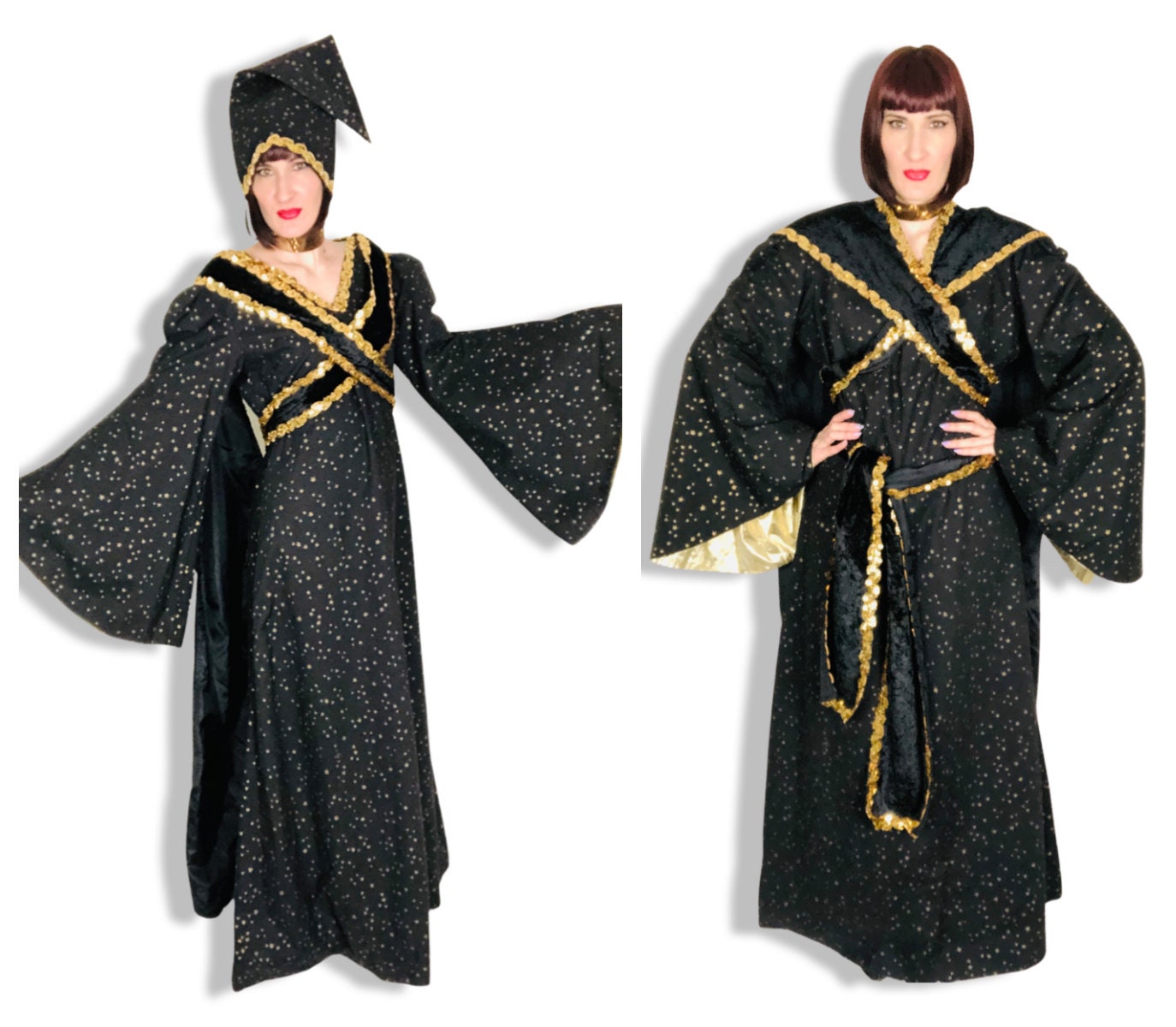 Vintage 80s 90s Black and Gold Star Printed Cotton Wizard Sleeve Sorce ...