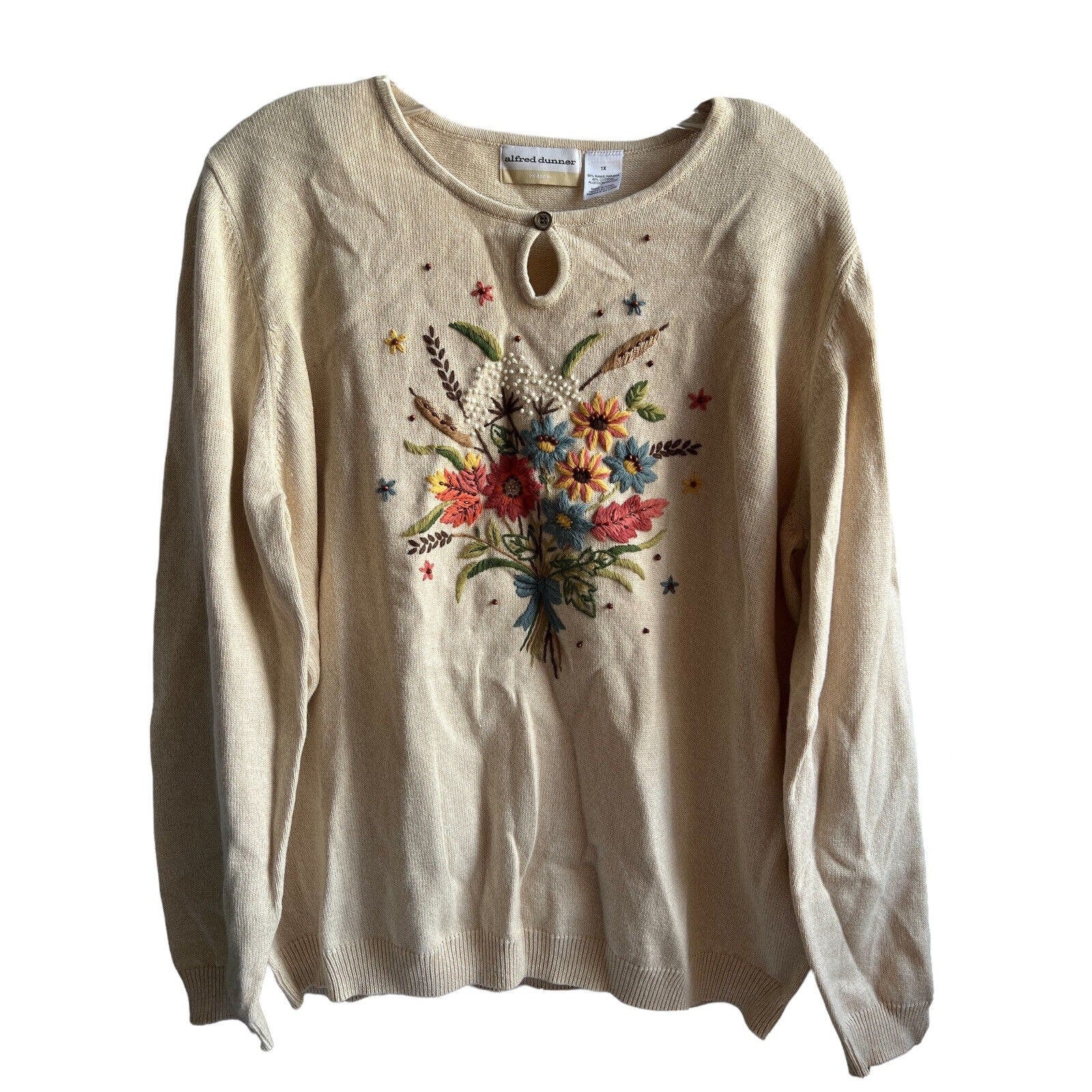 Alfred Dunner Vintage Ramie Flower Bouquet Crewel Embroidery Sweater b ...