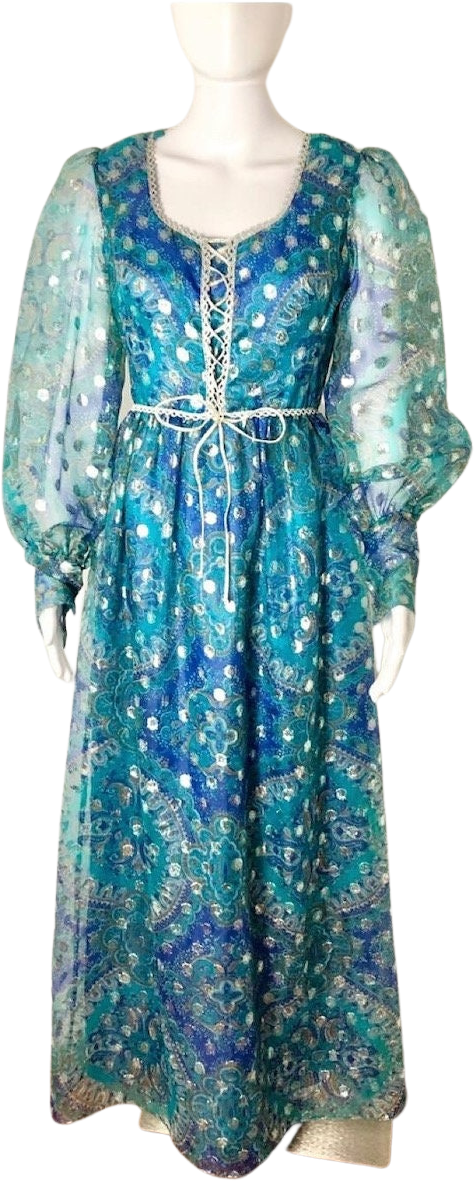 Vintage Late 60s/early 70s Sheer Aqua and Silver Metallic Maxi Dress ...