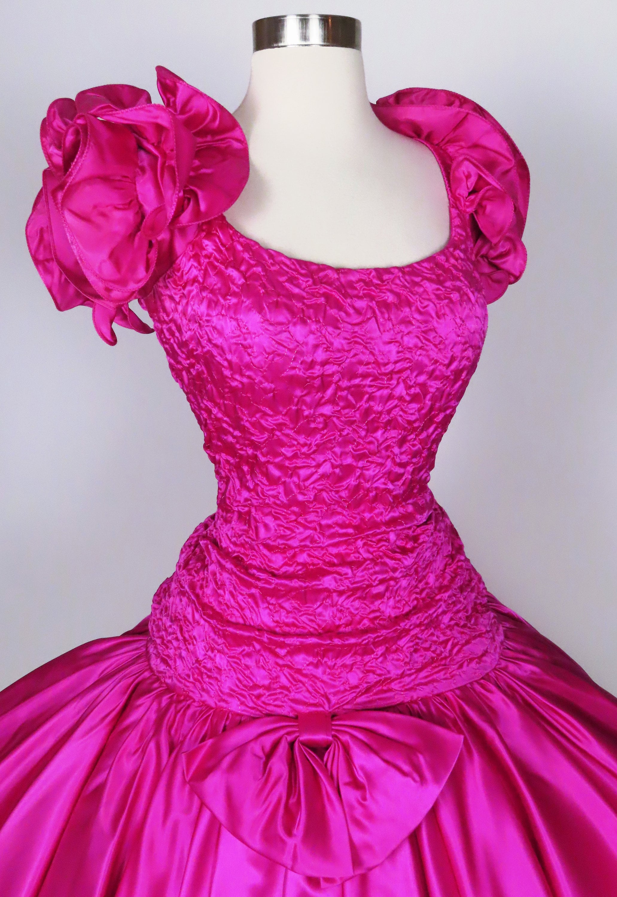 Vintage 80s Pink Ruffle Puff Sleeve Full Skirt Hi Lo Bow Prom Dress Po ...