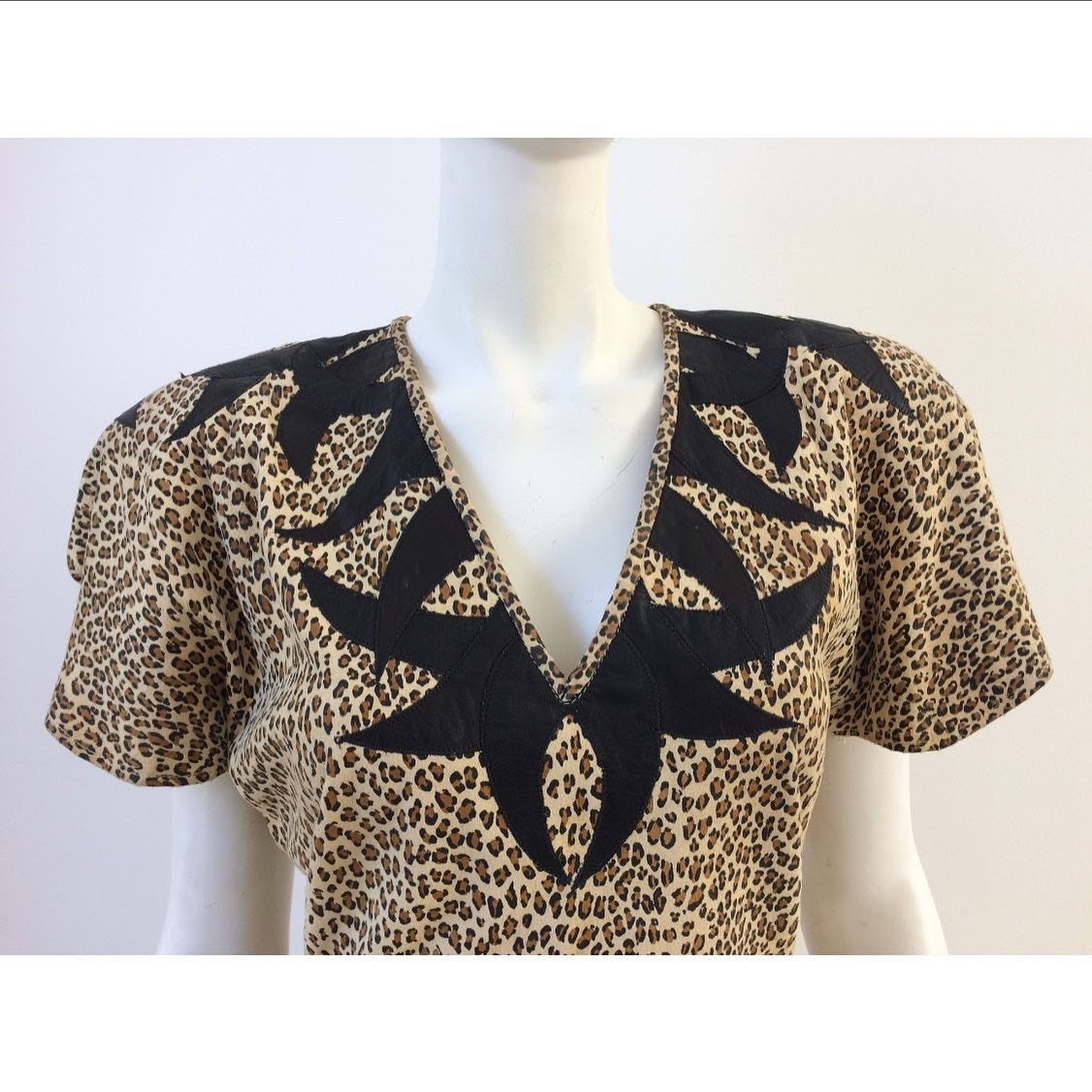 Vintage 80s Dress /80s Leopard Print Leather Belted Dress with Appliqu ...