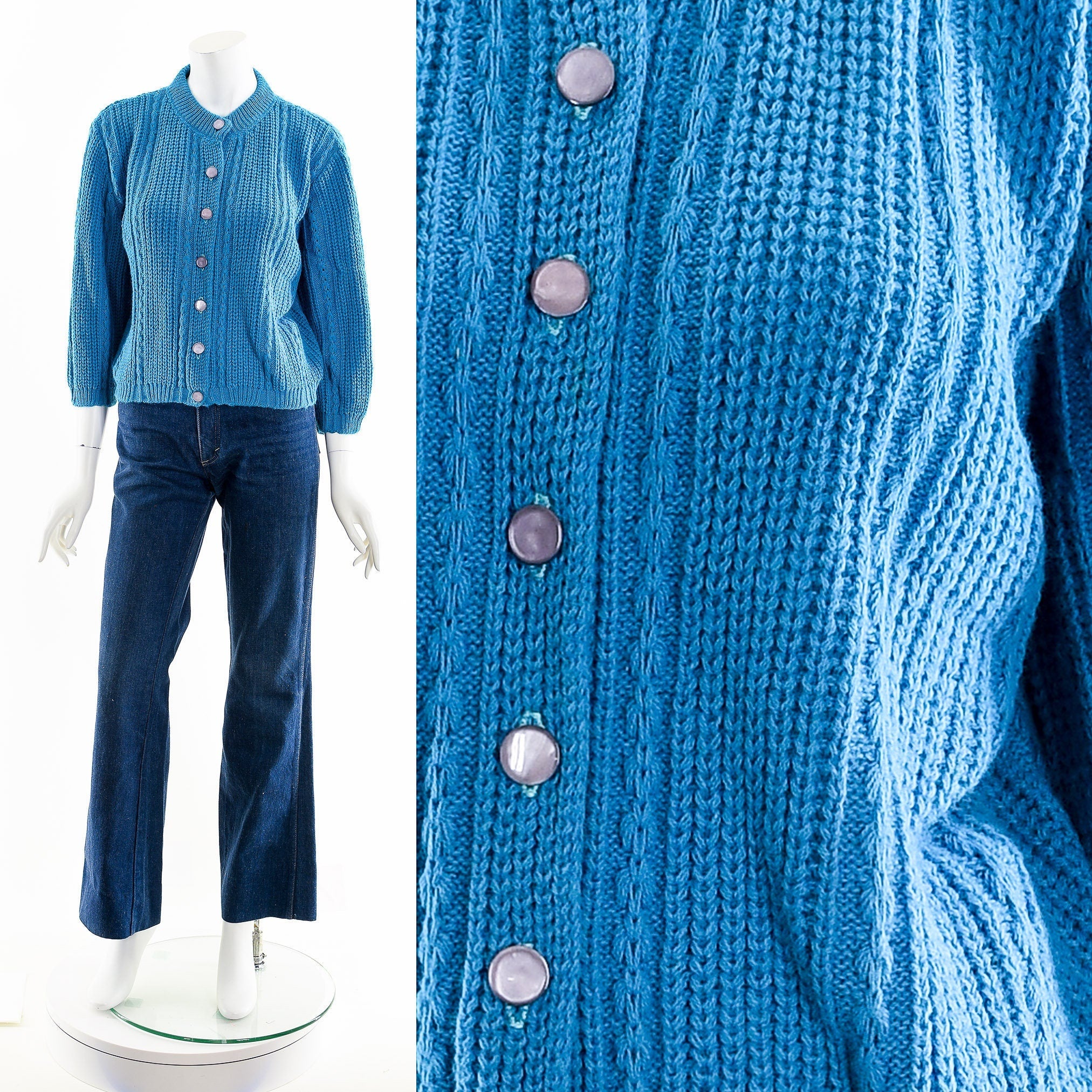 Vintage Blue 50s Cable Knit Button Up Sweater by Foxwood | Shop THRILLING