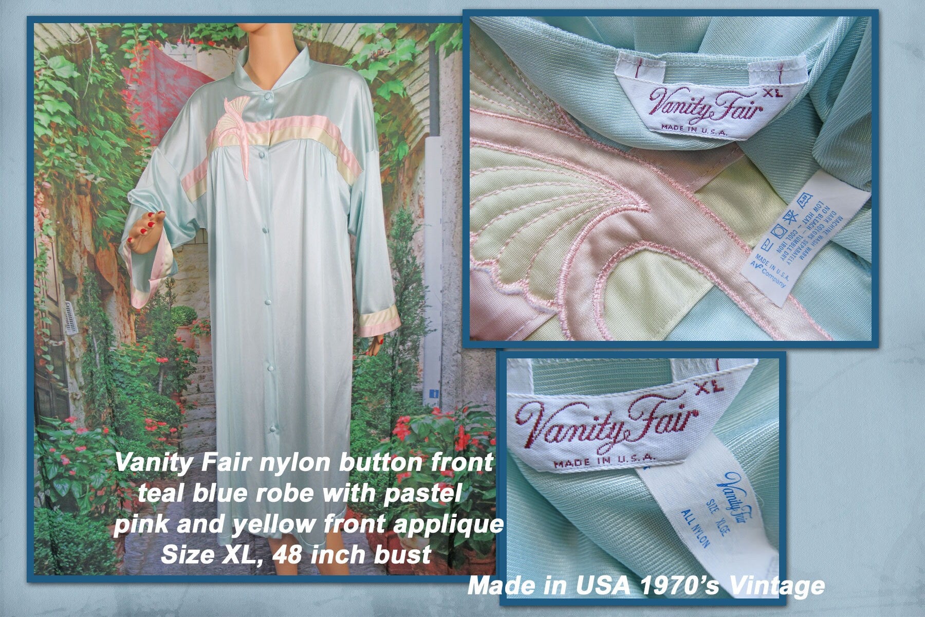 Vintage Sz Xl Robe 48 Inch Bust Nylon Button Front Teal Blue with Pink ...