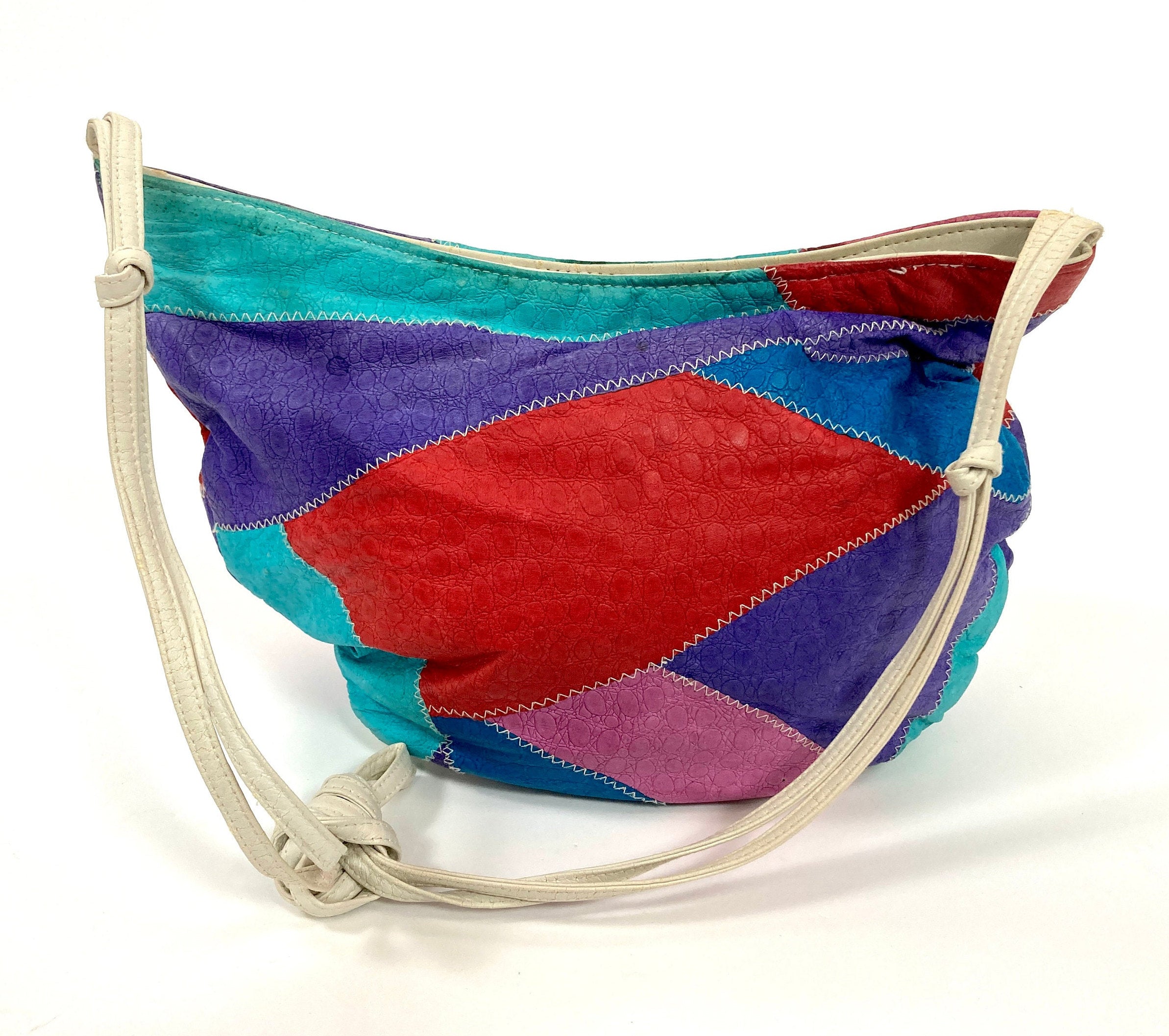Vintage 80s Bright Patchwork Crossbody Bag Oversized Leather Hobo Purse ...