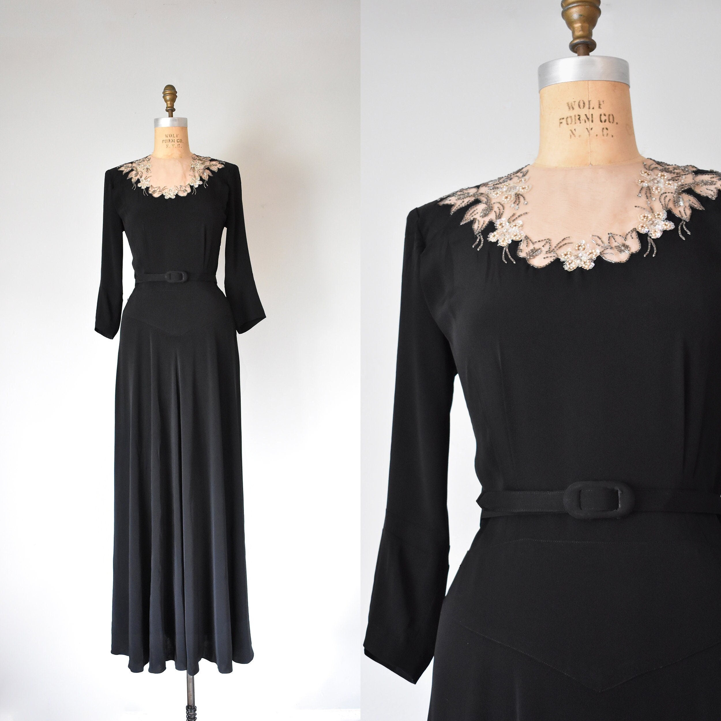 Vintage Doris 30s Evening 40s Black Maxi Beaded Dress Women Formal ...