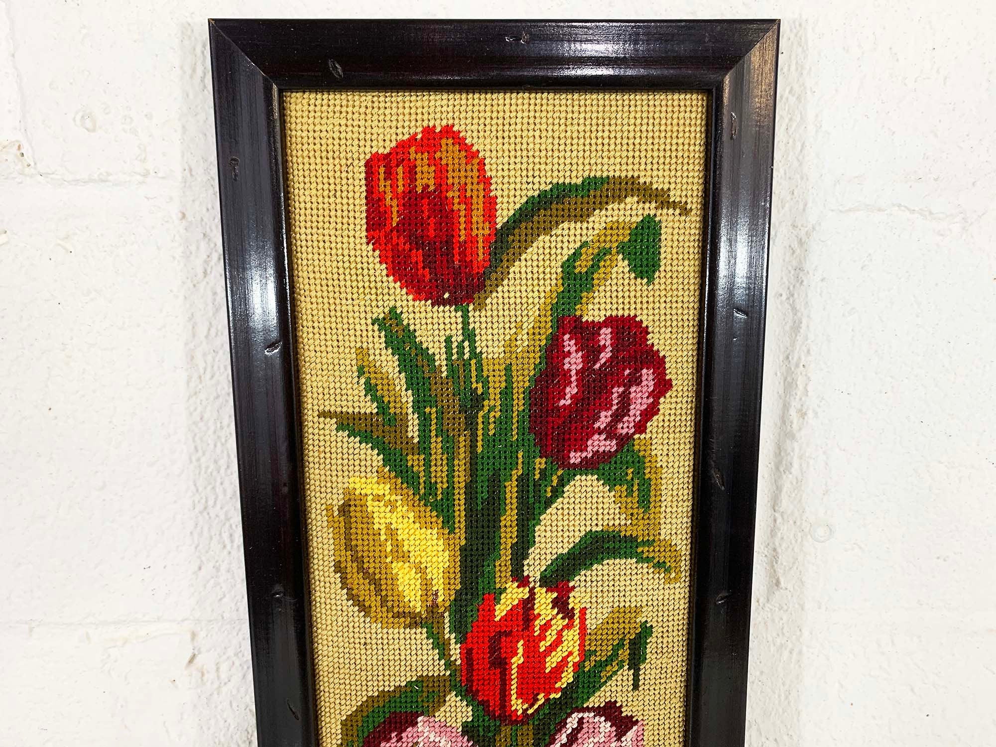 Vintage Flowers Needlepoint Floral Crewel Framed Tulips Kitsch Colorfu ...