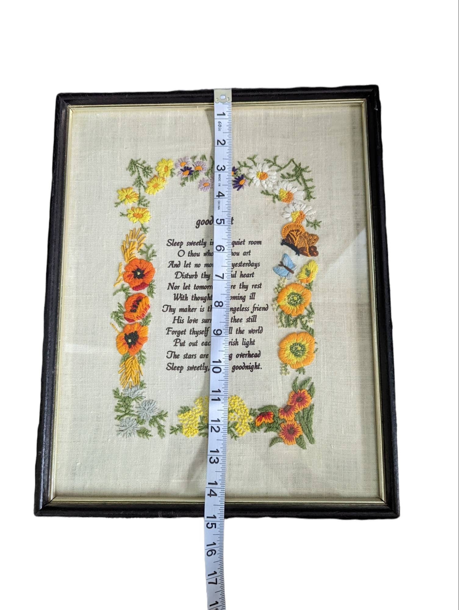 Vintage 70s Framed Crewel Art Goodnight Poem Floral Border Columbia Mi ...