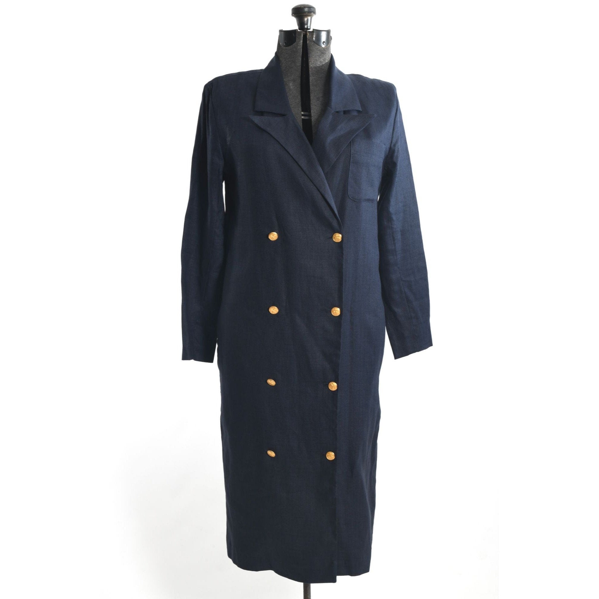 Vintage 80s Navy Blue Linen Double Breasted Dress Duster Coat by Brooks ...