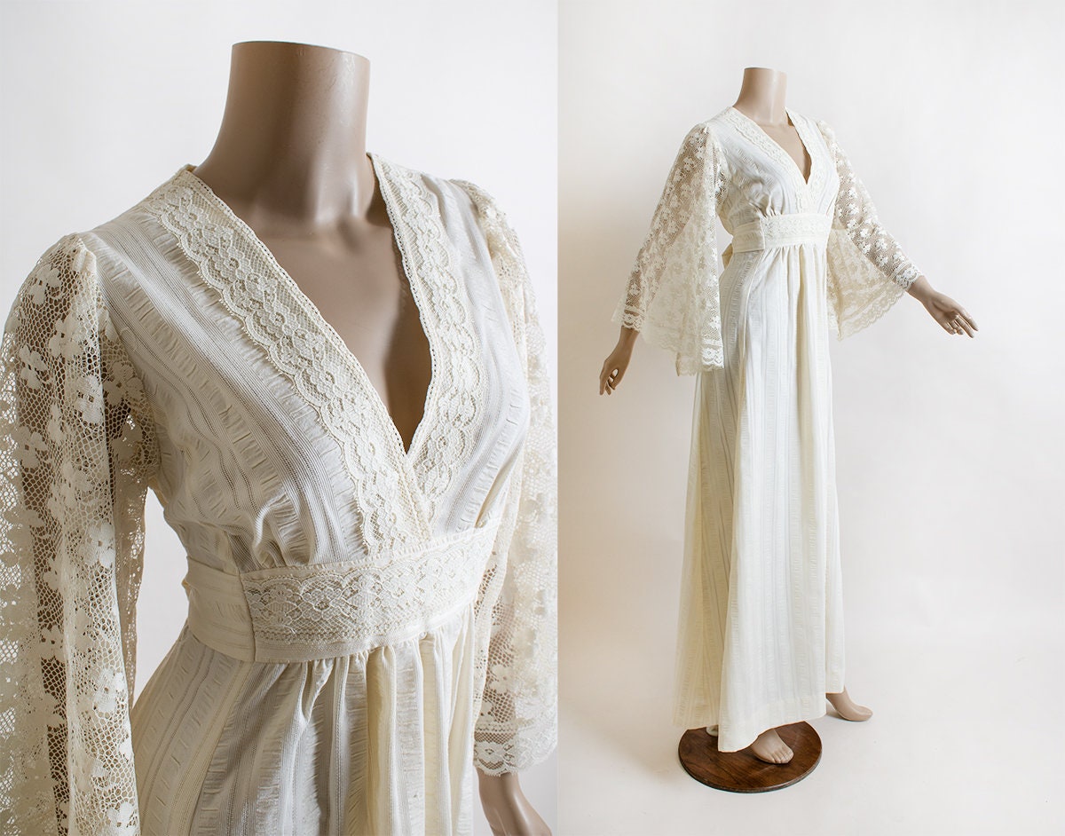 Vintage 70s Lace Angel Wing Sleeve Maxi Dress - Bride Creamy Ivory Whi ...