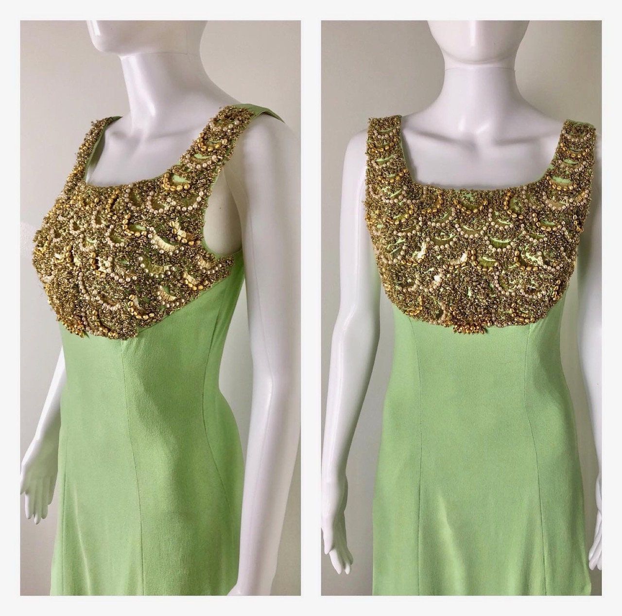 Vintage Beautiful 50s/60s Avocado Green Dress with Lame Embroidery and ...