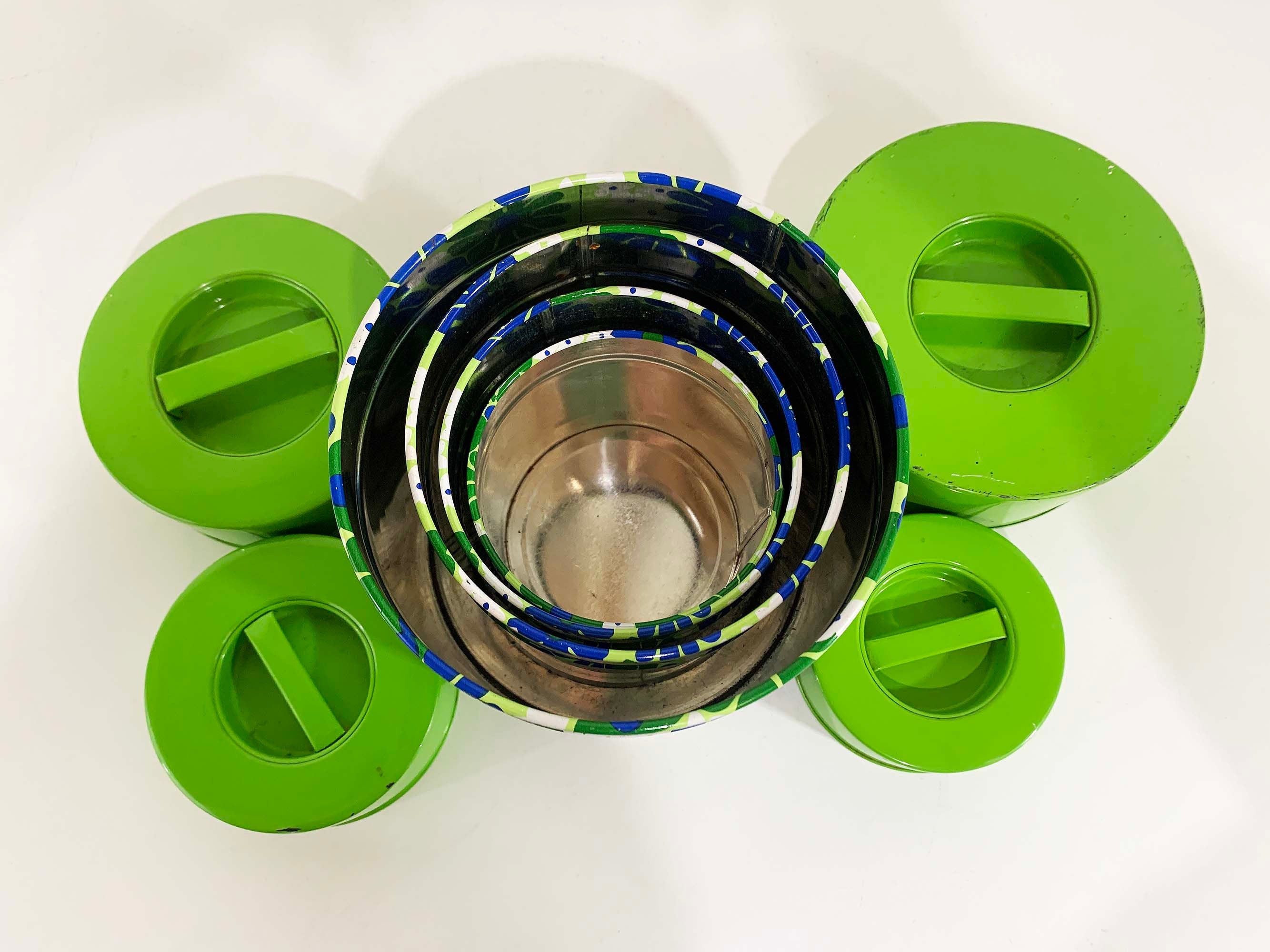 Vintage Flower Power Kitchen Canister Set of Four Green Blue White Flo ...